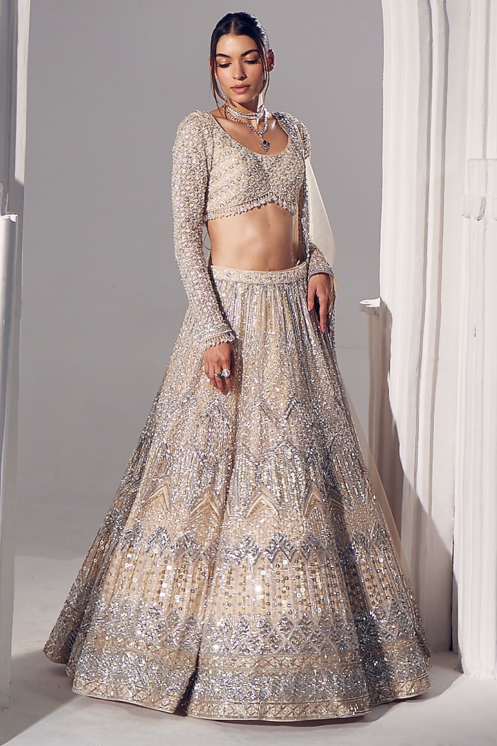 Ivory Net & Silk Embroidered Bridal Lehenga Set by Ruchika Hurria at ...