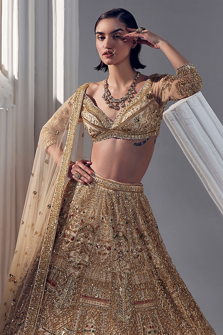 Light Gold Net & Silk Embroidered Bridal Lehenga Set by Ruchika Hurria ...
