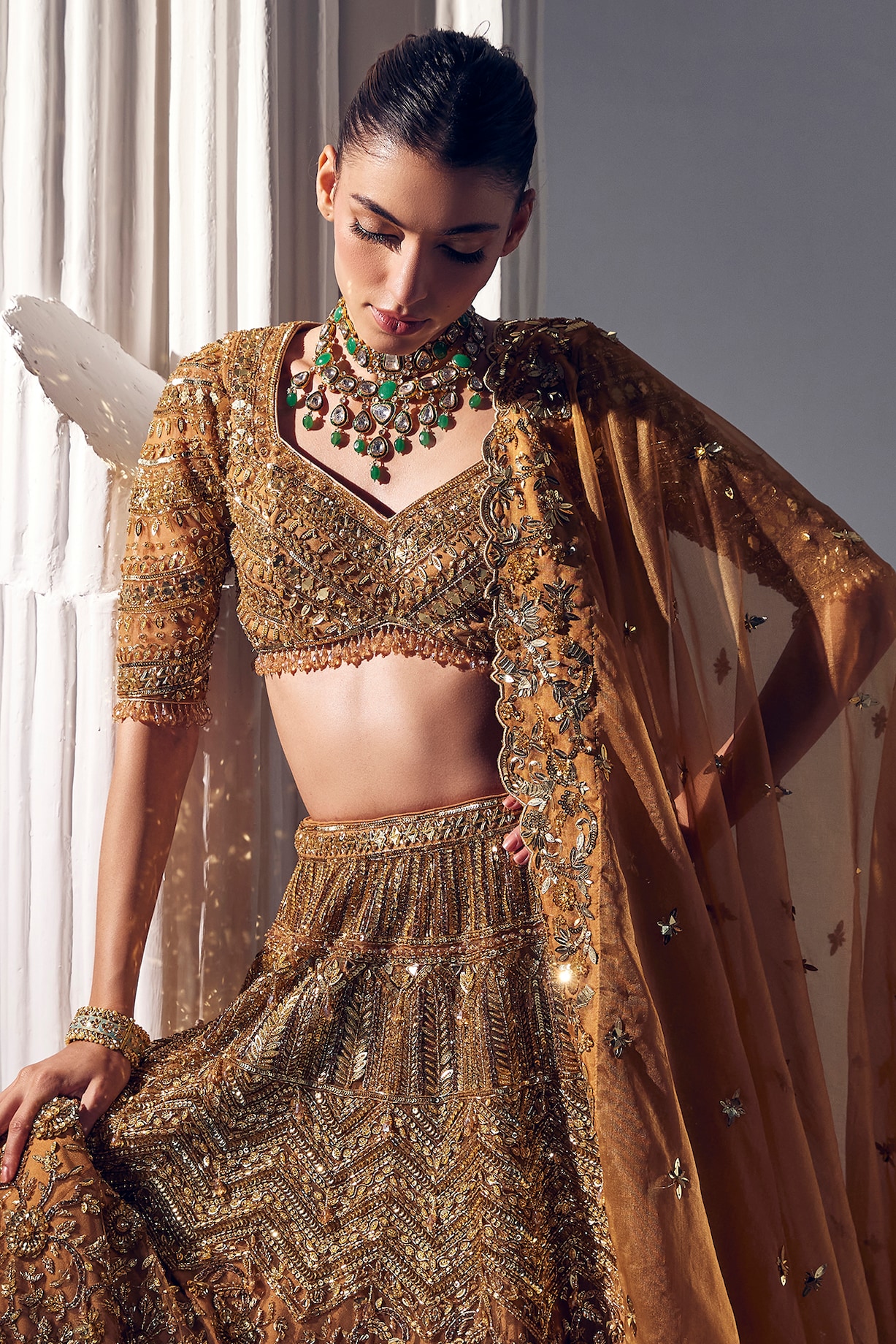 Dark Gold Net & Silk Embroidered Bridal Lehenga Set by Ruchika Hurria ...