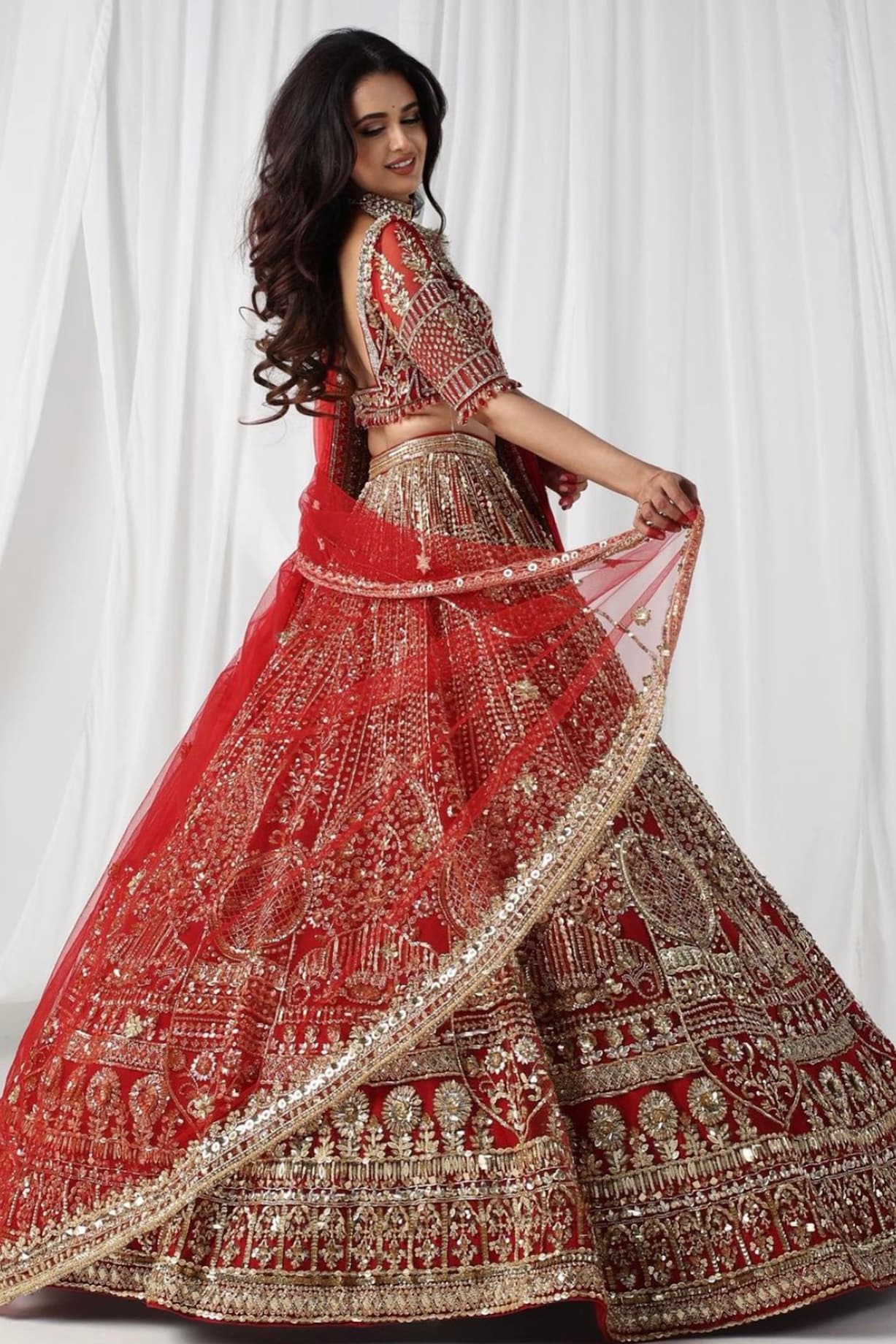 Red Net & Silk Zardosi & Sequins Embroidered Bridal Lehenga Set by ...