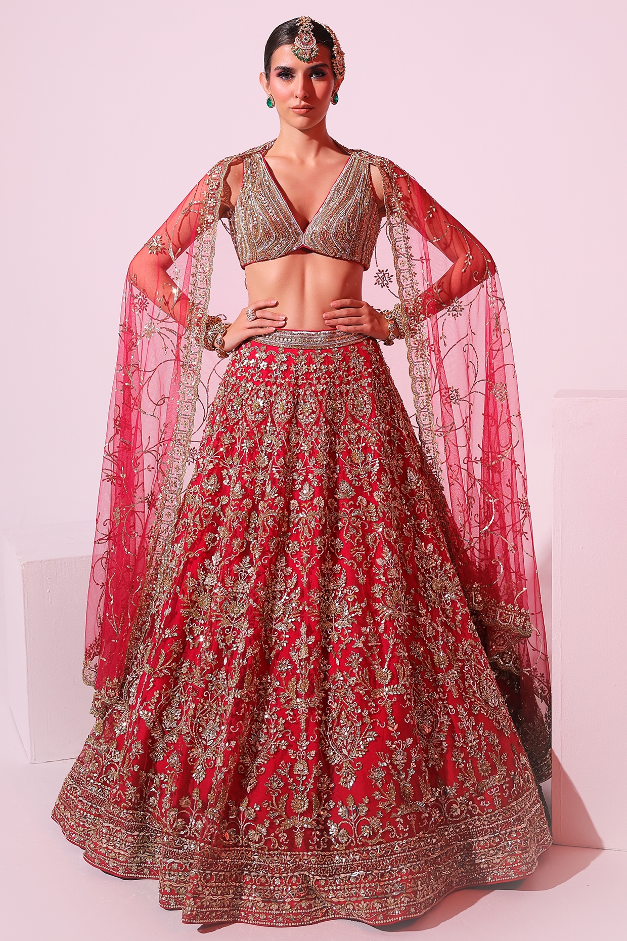 Hot Pink Net Pearl & Sequins Embroidered Bridal Lehenga Set by Ruchika ...