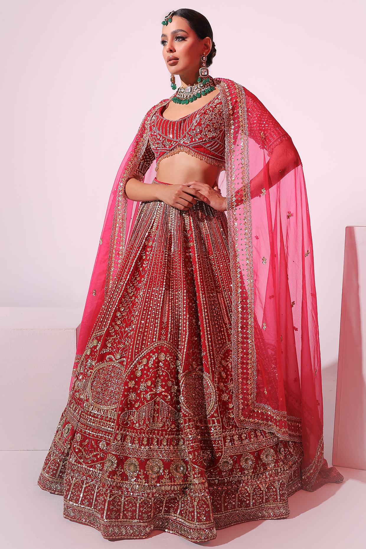 Rani Pink Velvet Crystal & Sequins Embroidered Bridal Lehenga set by ...
