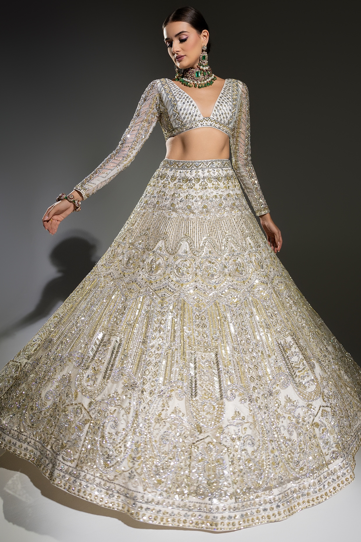 Ivory Net Sequins Embroidered Bridal Lehenga Set by Ruchika Hurria at ...