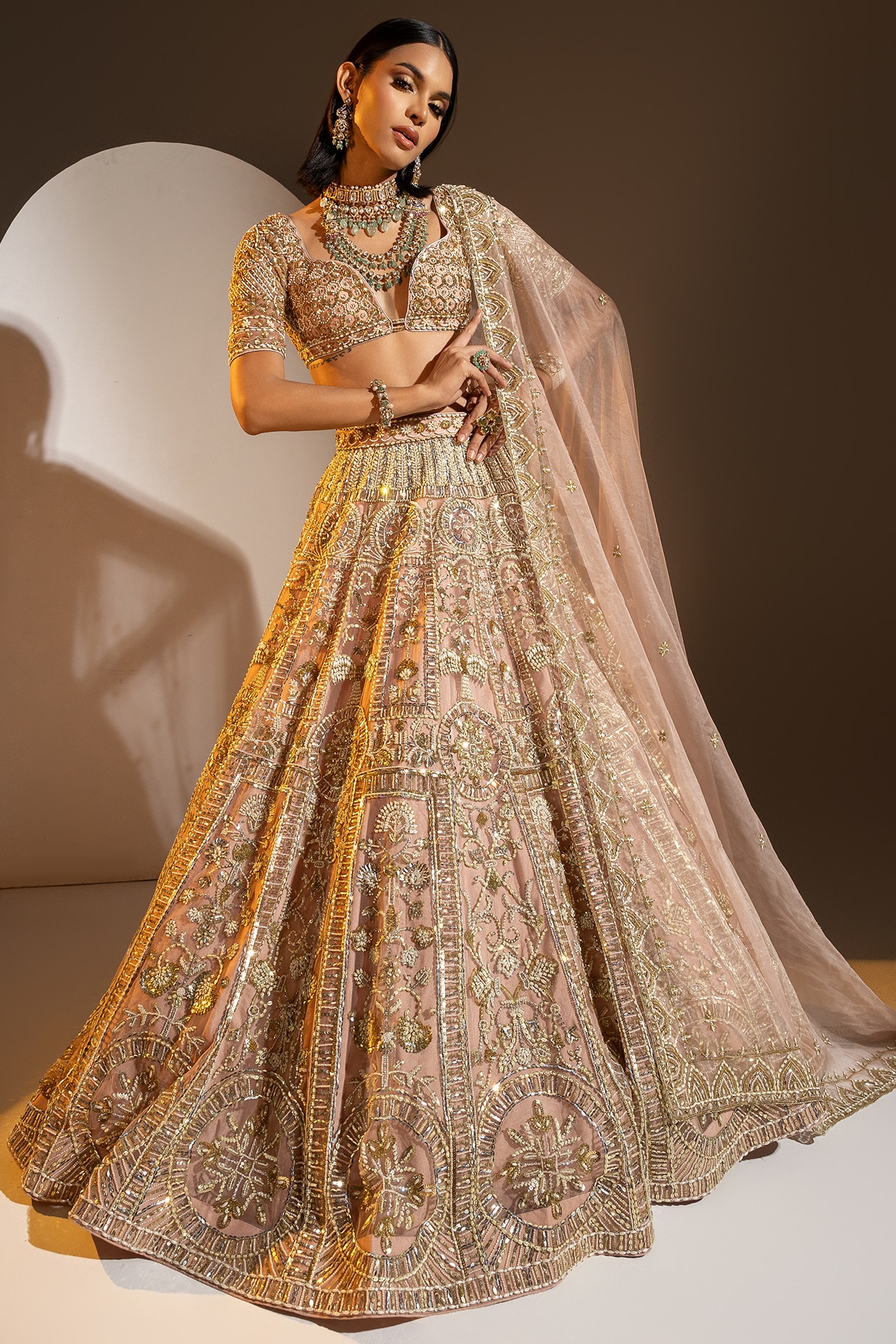 Blush Pink Net Sequins & Pearl Embroidered Bridal Lehenga Set by ...