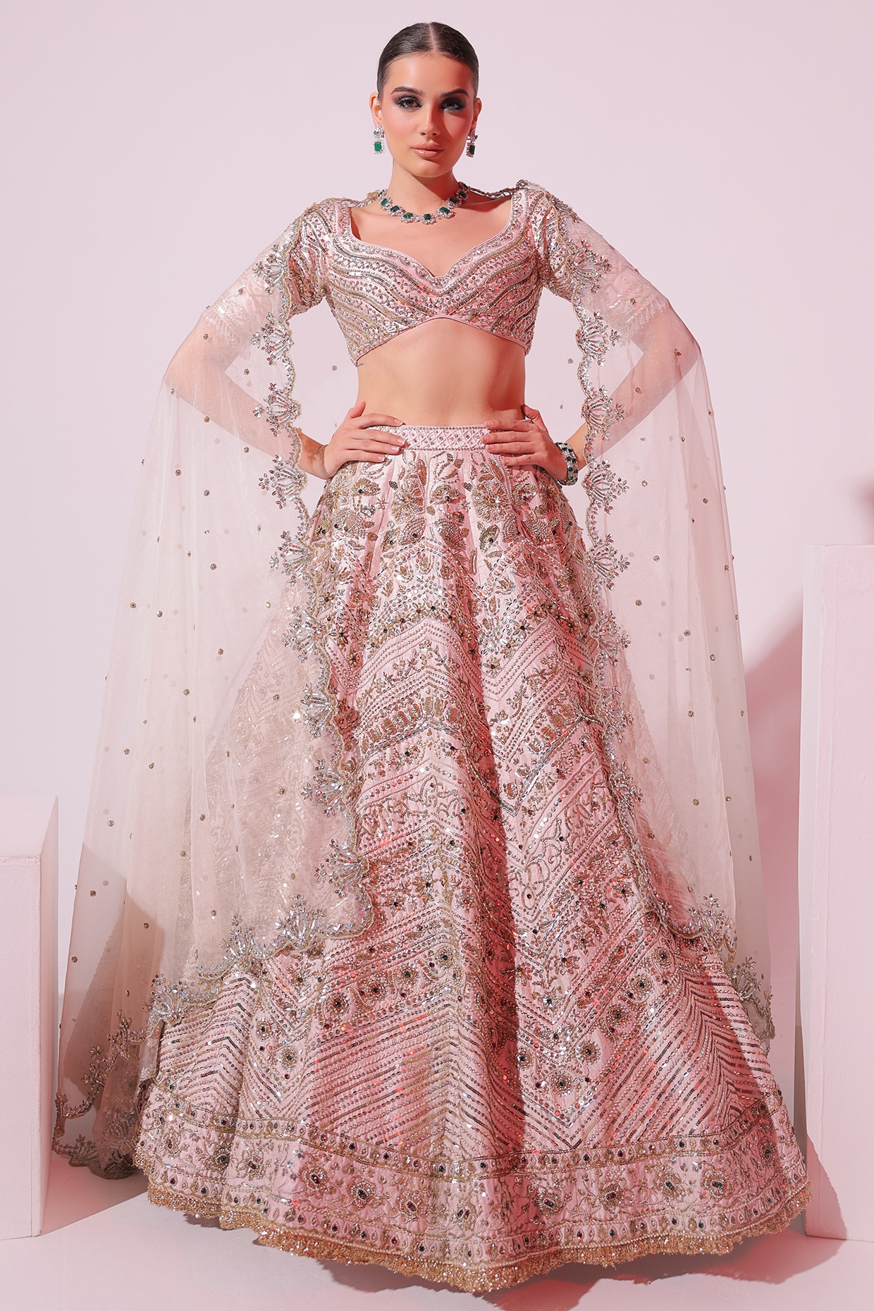 Powder Pink Raw Silk Zardosi Embroidered Bridal Lehenga Set by Ruchika ...