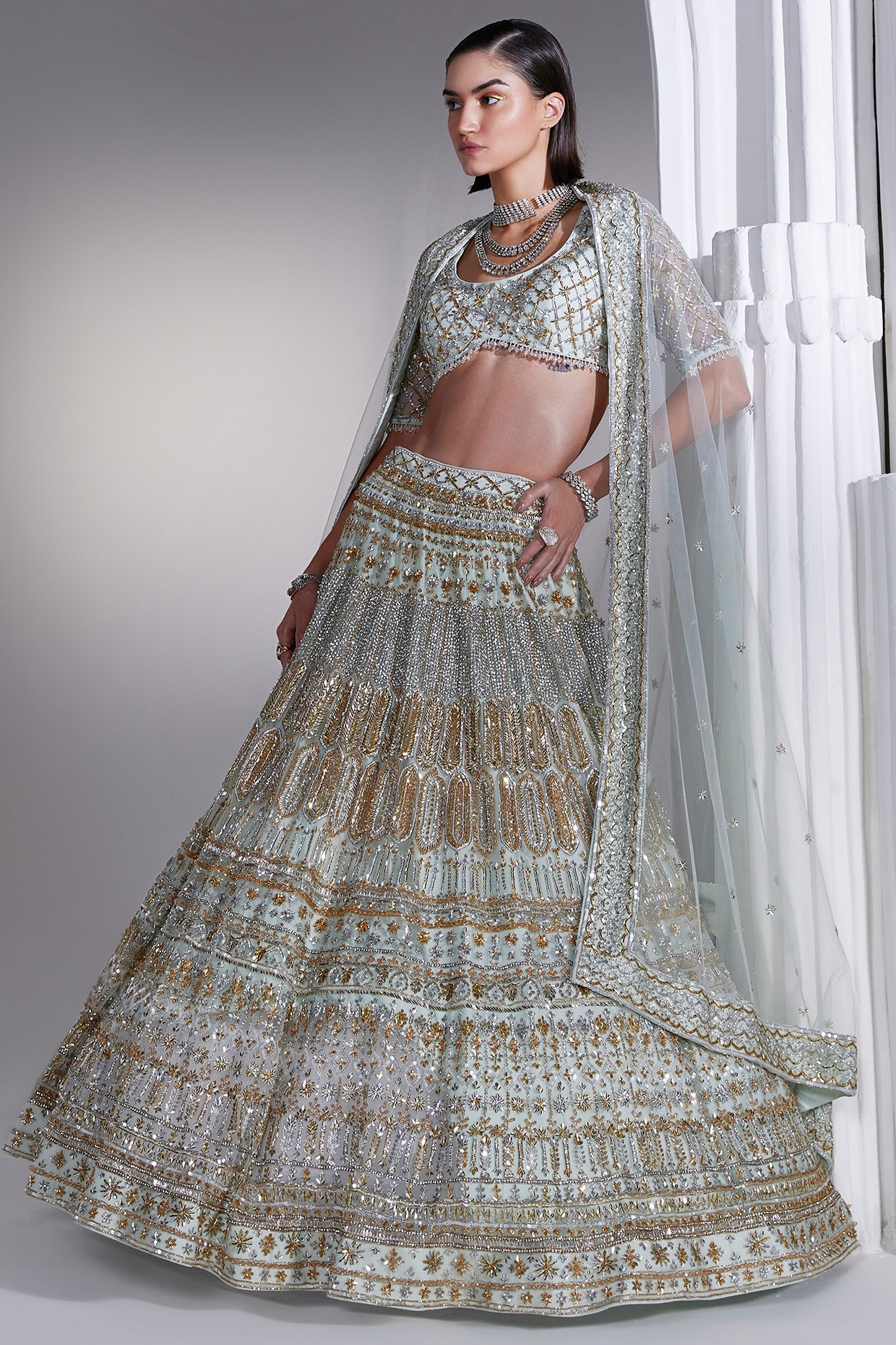 Ice Blue Net Nakshi & Crystal Embroidered Bridal Lehenga Set by Ruchika ...