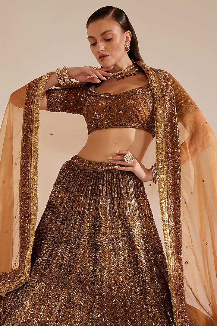 Antique Gold Net Sequins Embroidered Bridal Lehenga Set by Ruchika ...