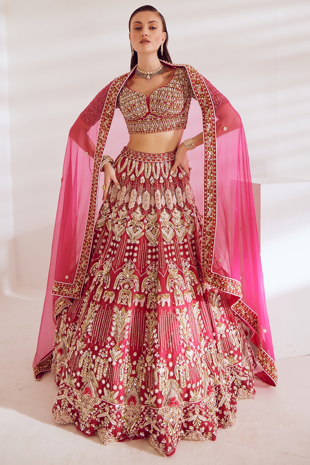 Hot Pink Net Sequins Embroidered Wedding Lehenga Set by Ruchika Hurria ...