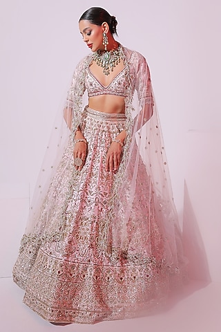Powder Pink Raw Silk Aari & Zardosi Embellished Bridal Lehenga Set by ...