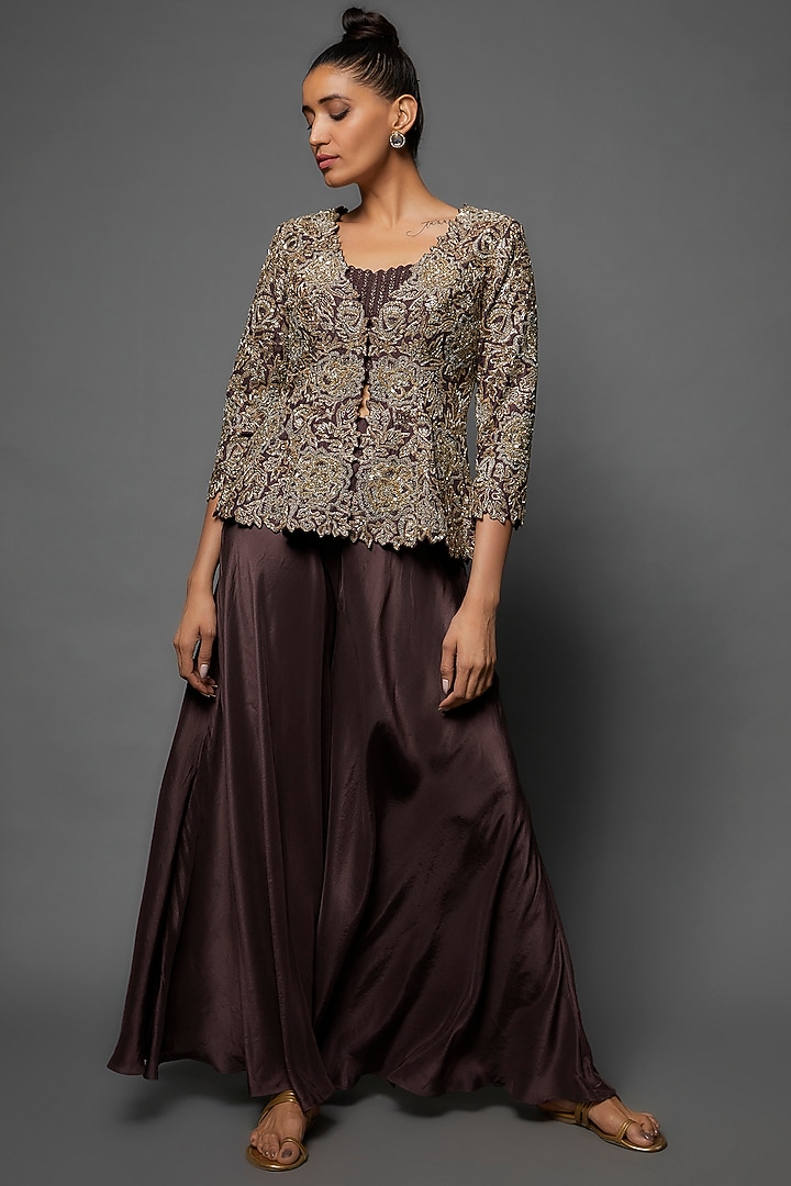 Burgundy Raw Silk Embroidered Jacket Set by Mrunalini Rao at Pernia's ...