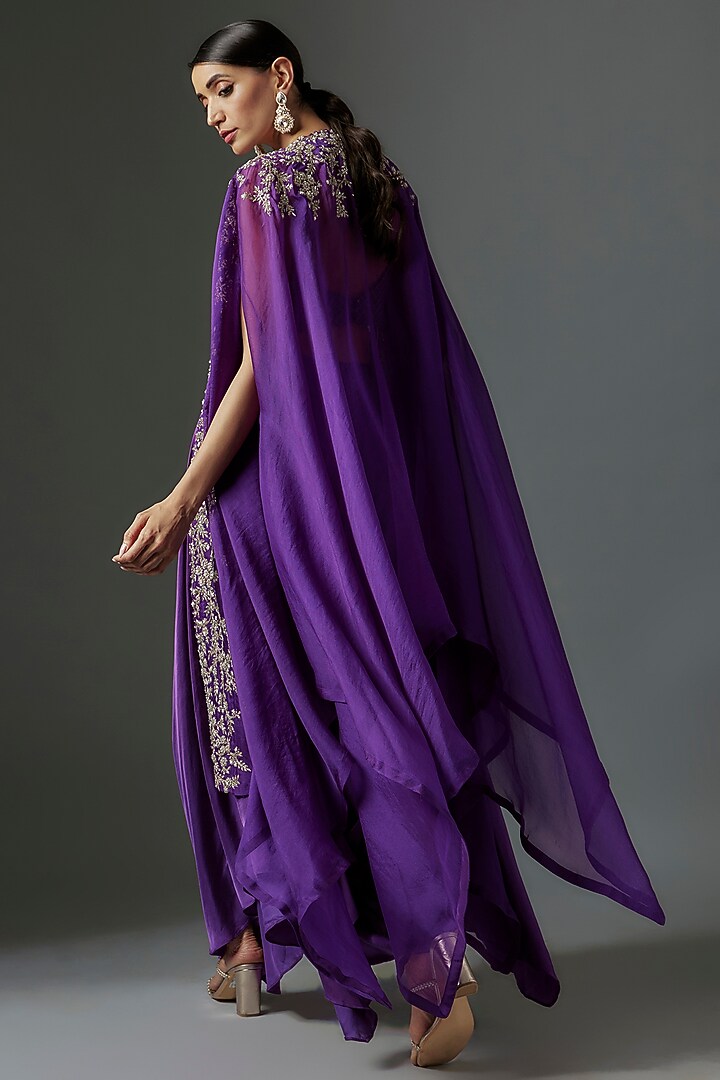 Purple Organza Zardosi Embroidered Cape Set by Mrunalini Rao at Pernia ...
