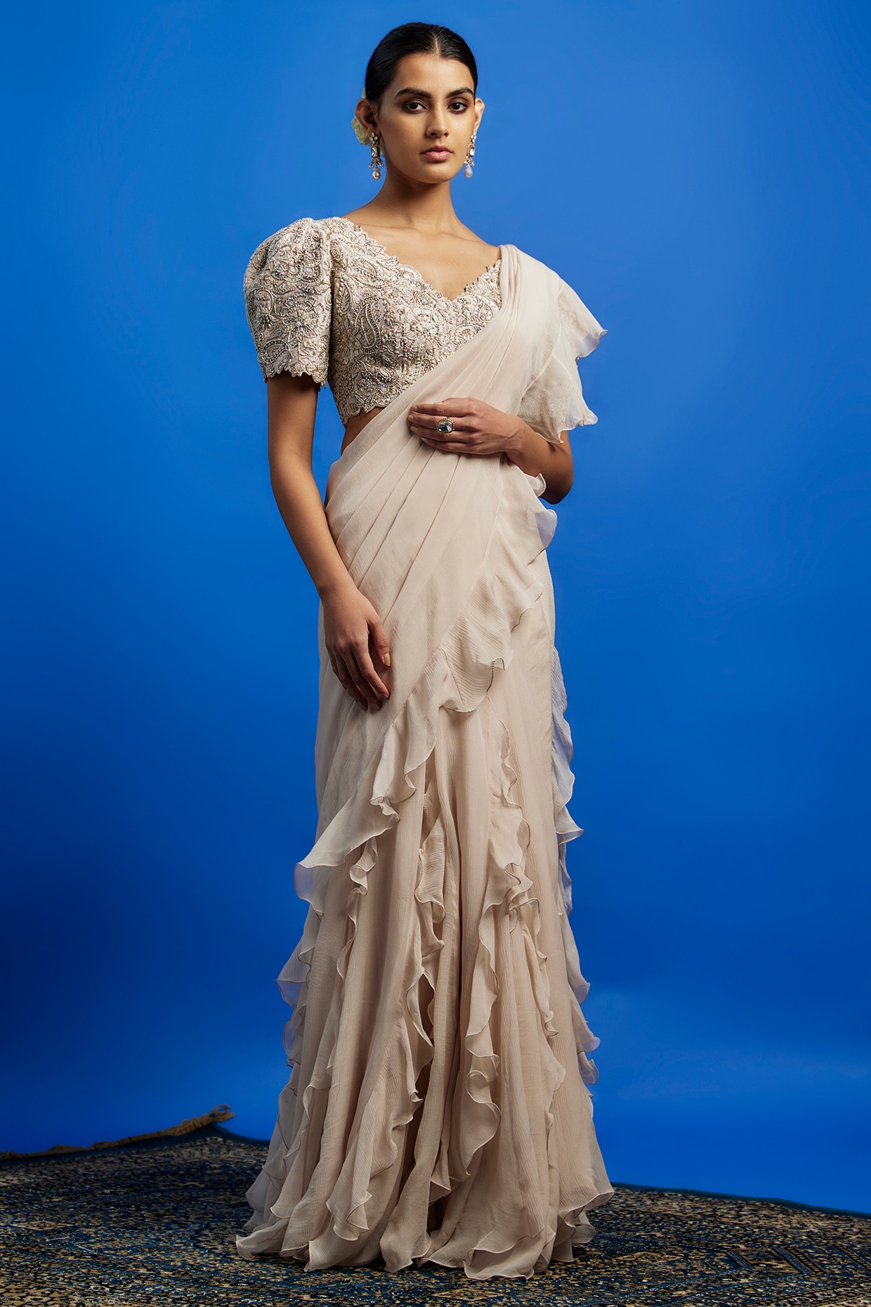 Ivory Chiffon Ruffled Saree Set by Mrunalini Rao at Pernia's Pop Up ...