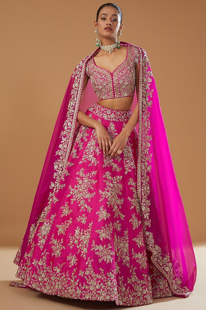 Pink Raw Silk & Organza Embroidered Lehenga Set Design by Mrunalini Rao ...