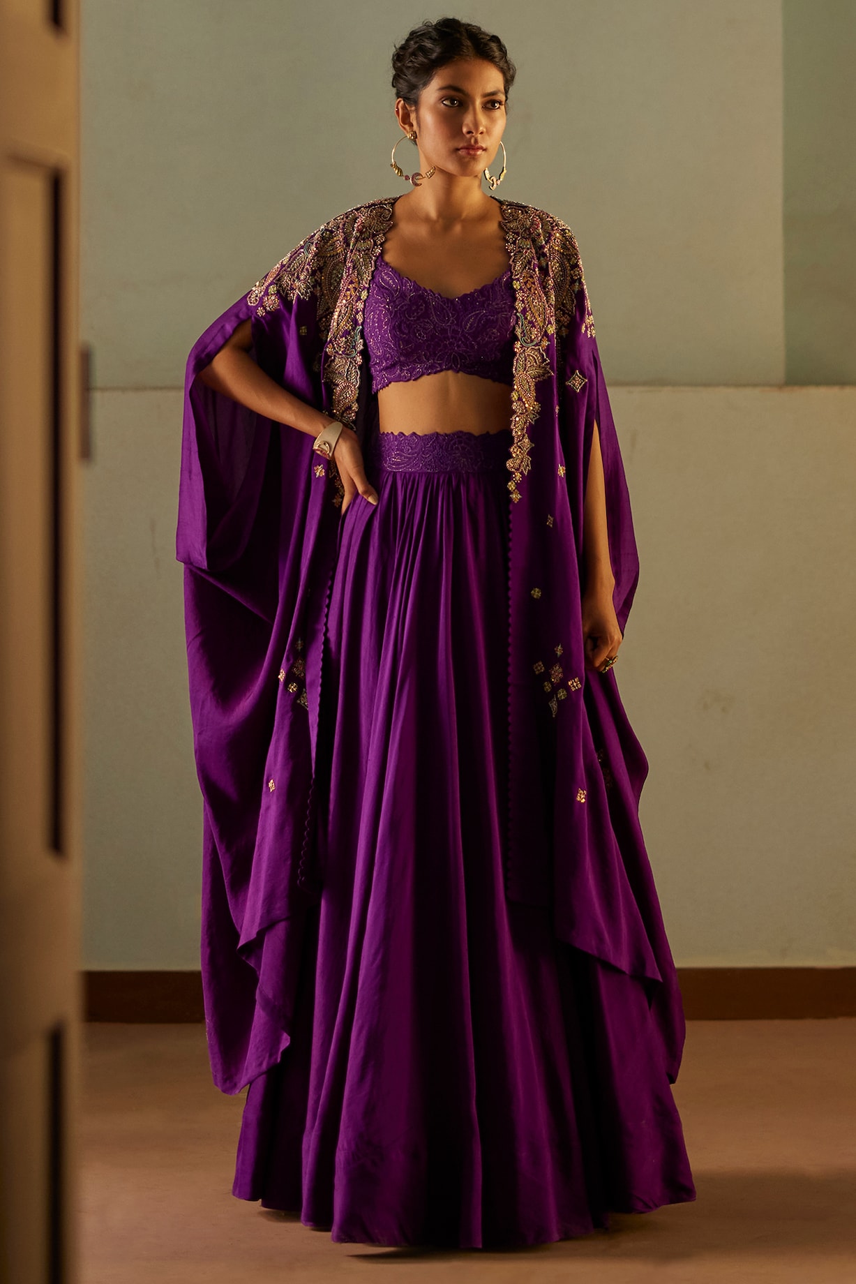 Deep Violet Pure Silk Embroidered Cape Set Design by Mrunalini Rao at ...