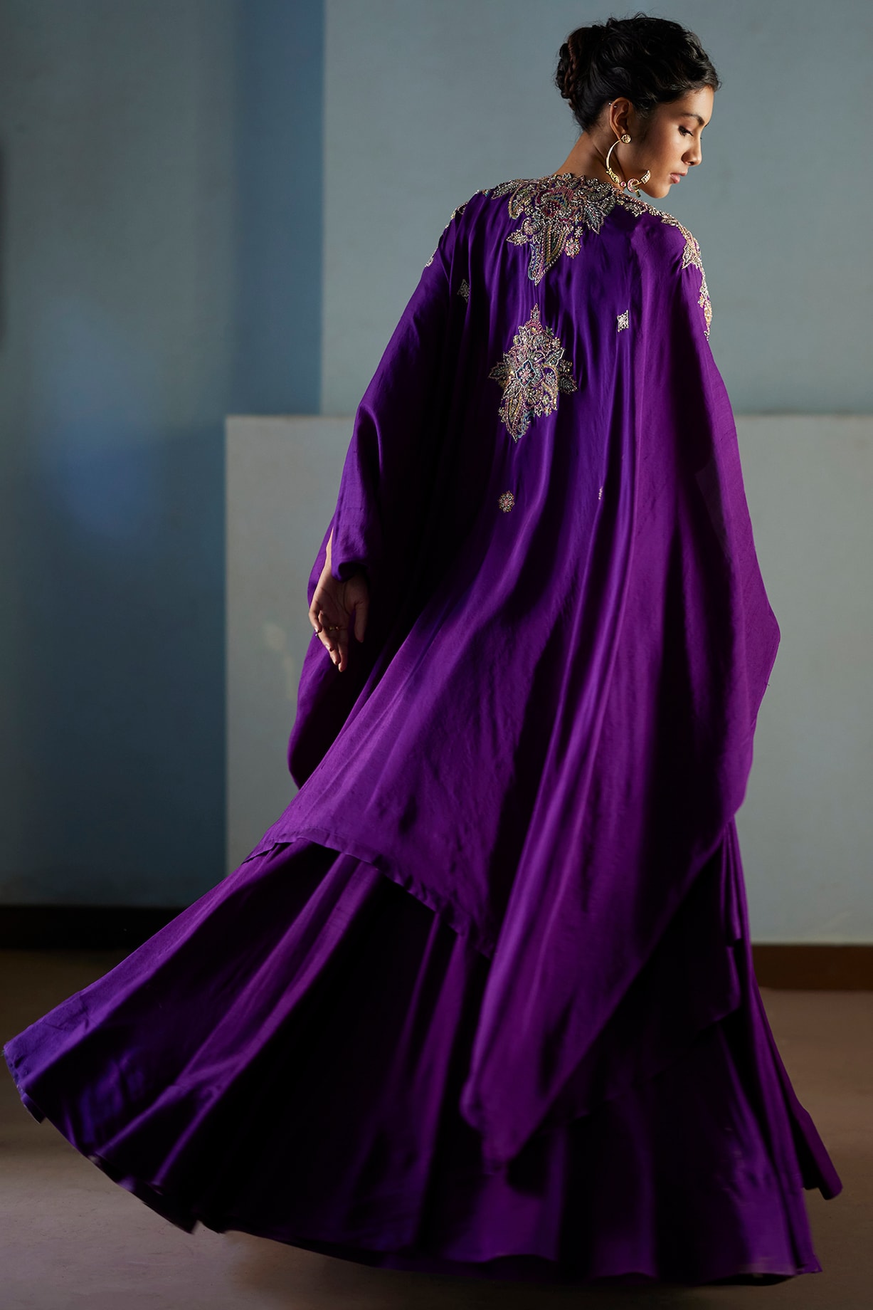 Deep Violet Pure Silk Embroidered Cape Set Design by Mrunalini Rao at ...