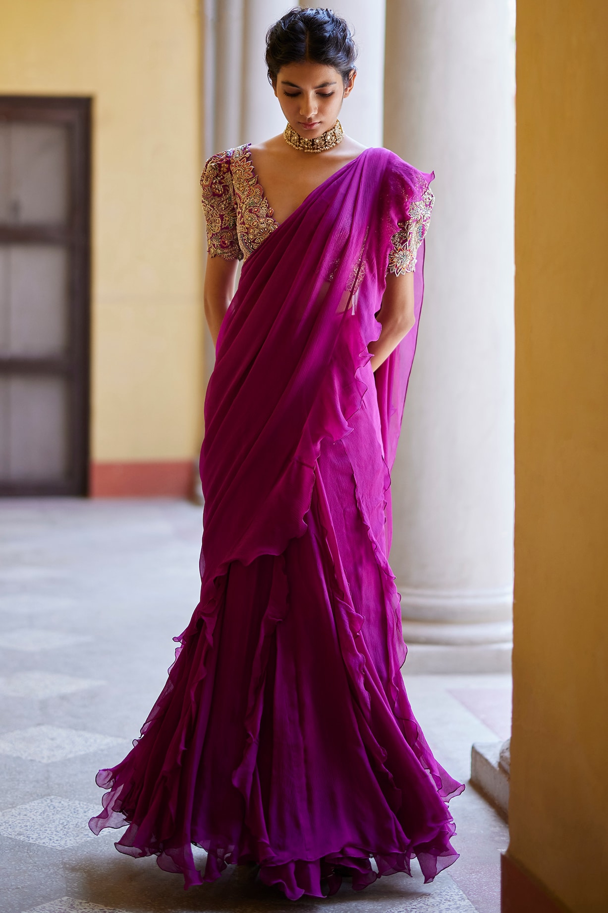 Magenta Chiffon Ruffled Saree Set Design by Mrunalini Rao at Pernia's ...