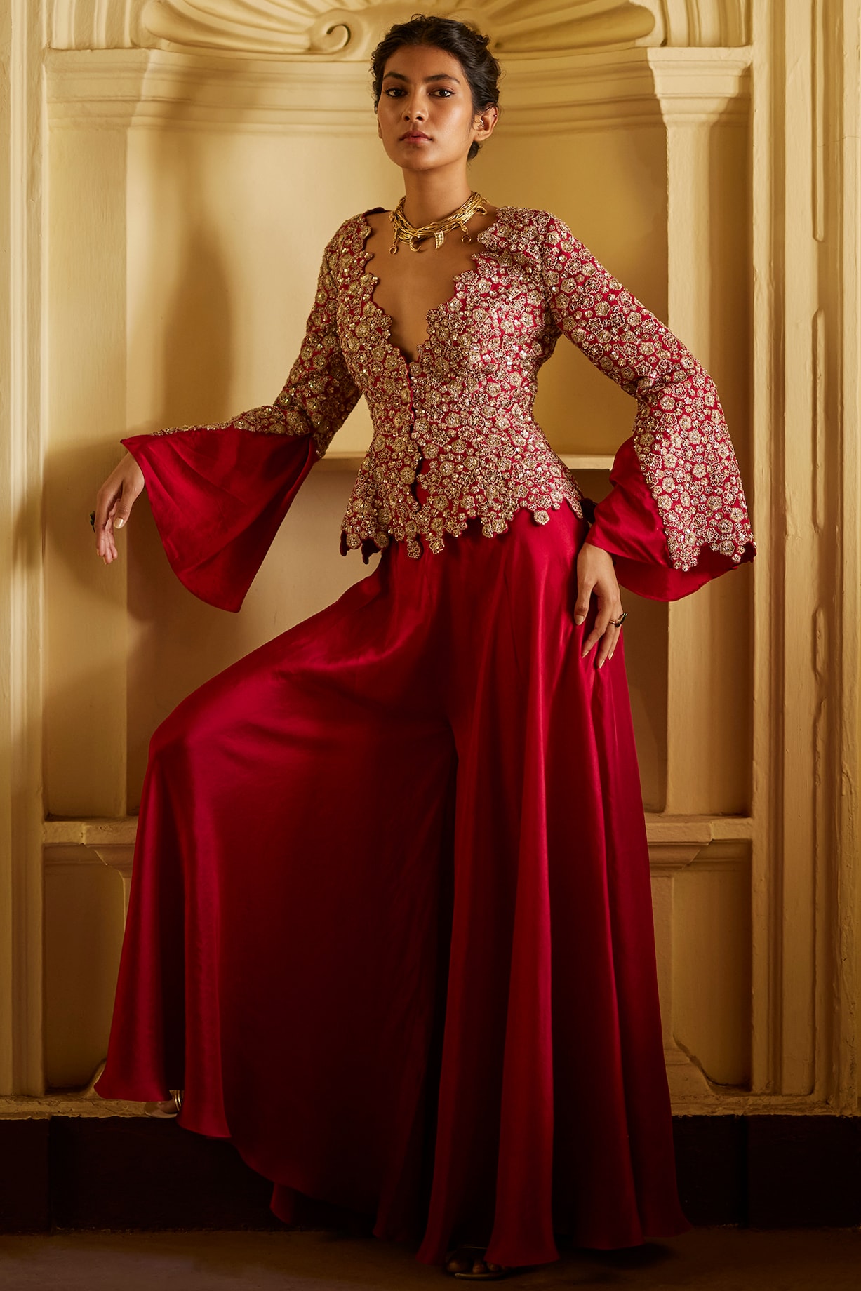 Red Raw Silk Embroidered Jacket Set by Mrunalini Rao at Pernia's Pop Up ...