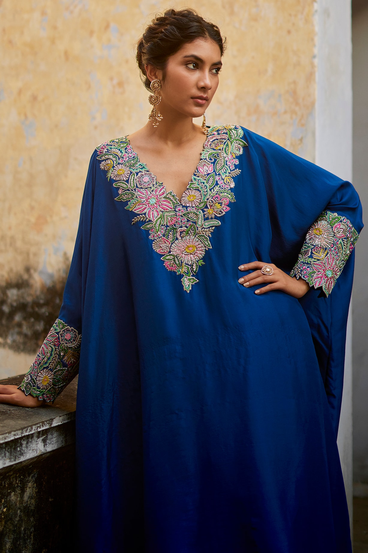 Blue Pure Silk Embroidered Kaftan Set Design by Mrunalini Rao at Pernia ...