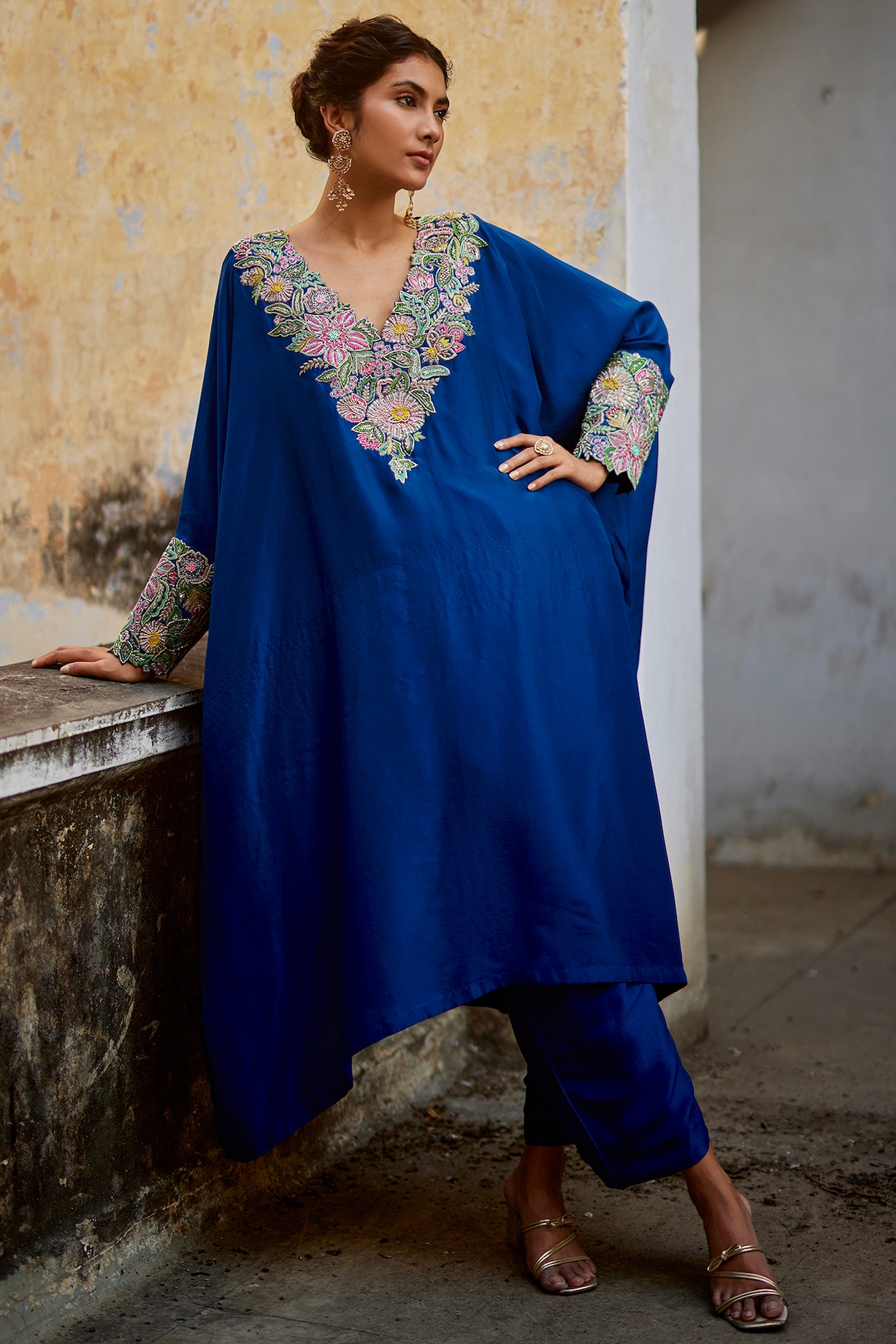 Blue Pure Silk Embroidered Kaftan Set Design by Mrunalini Rao at Pernia ...