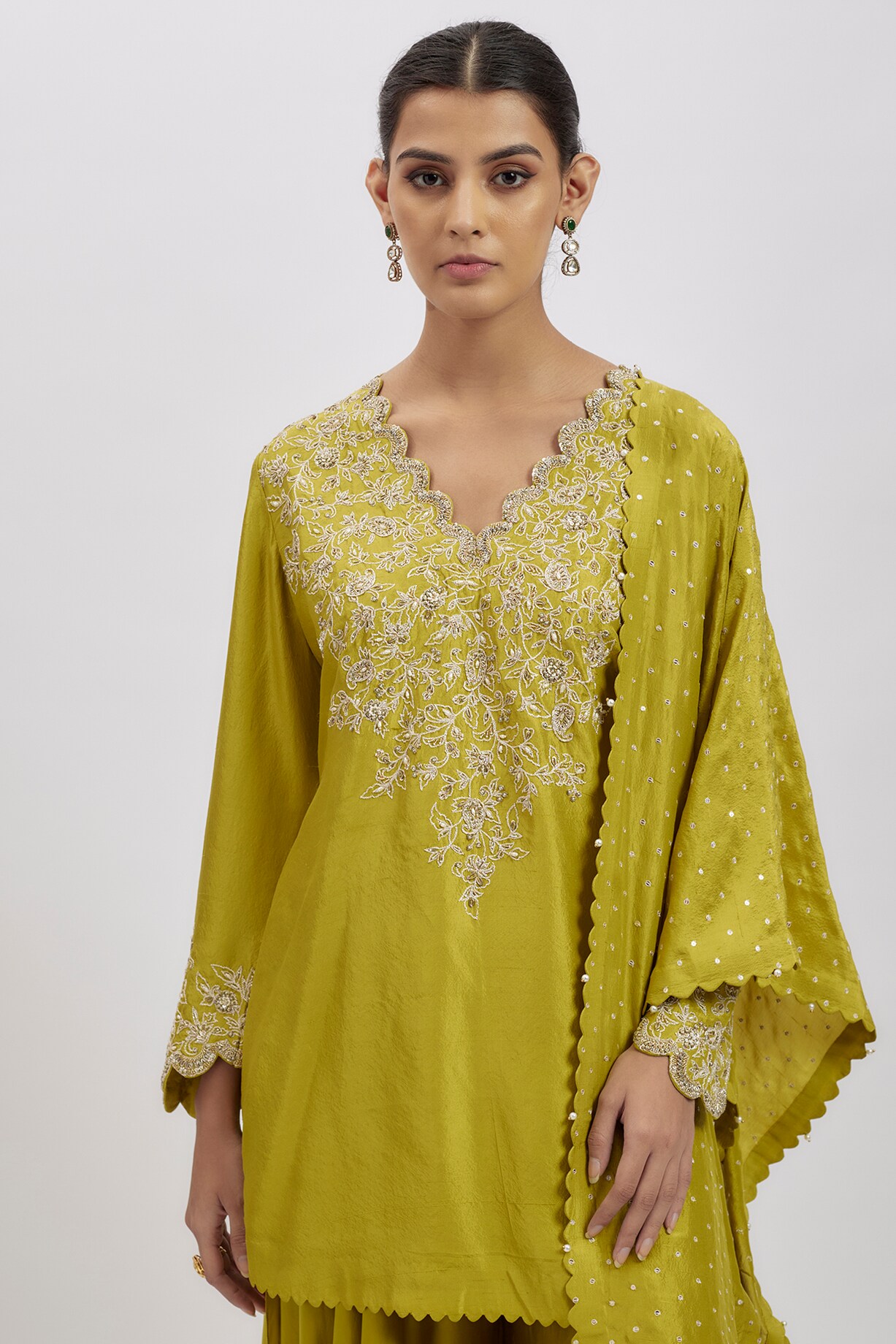Lime Green Pure Silk Hand Embroidered Kurta Set Design by Mrunalini Rao ...