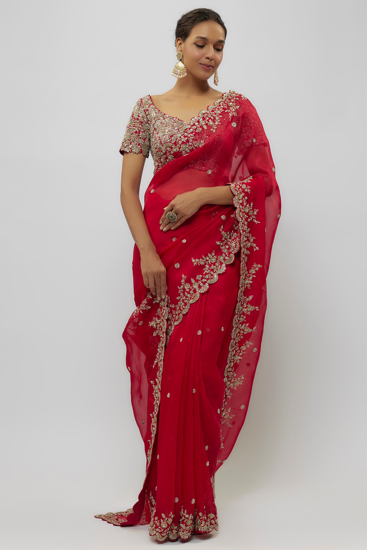Red Raw Silk Hand Embroidered Saree Set by Mrunalini Rao at Pernia's ...