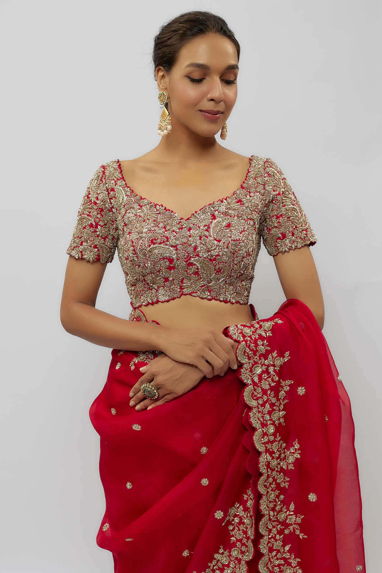 Red Raw Silk Hand Embroidered Saree Set by Mrunalini Rao at Pernia's ...