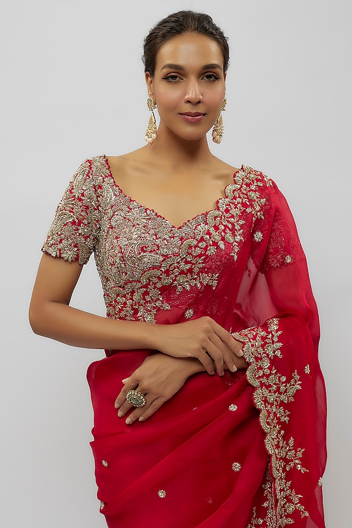 Red Raw Silk Hand Embroidered Saree Set by Mrunalini Rao at Pernia's ...