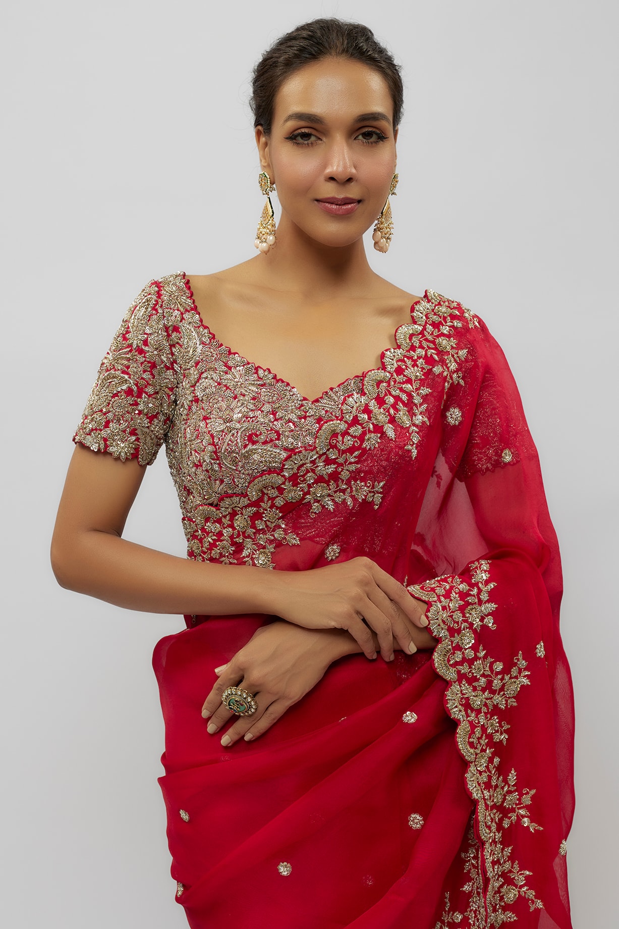 Red Raw Silk Hand Embroidered Saree Set by Mrunalini Rao at Pernia's ...