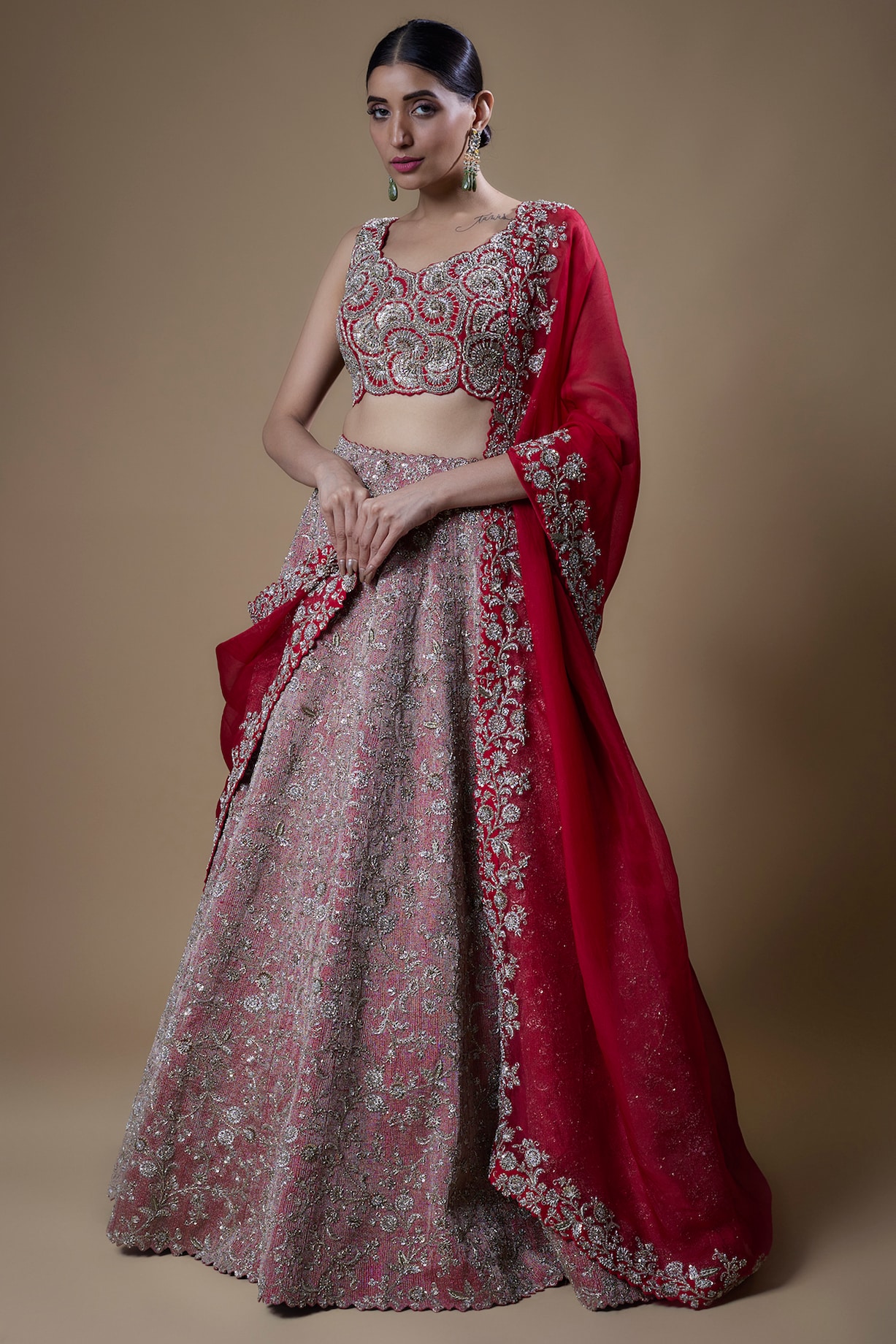 Red Raw Silk Embroidered Bridal Lehenga Set by Mrunalini Rao at Pernia ...