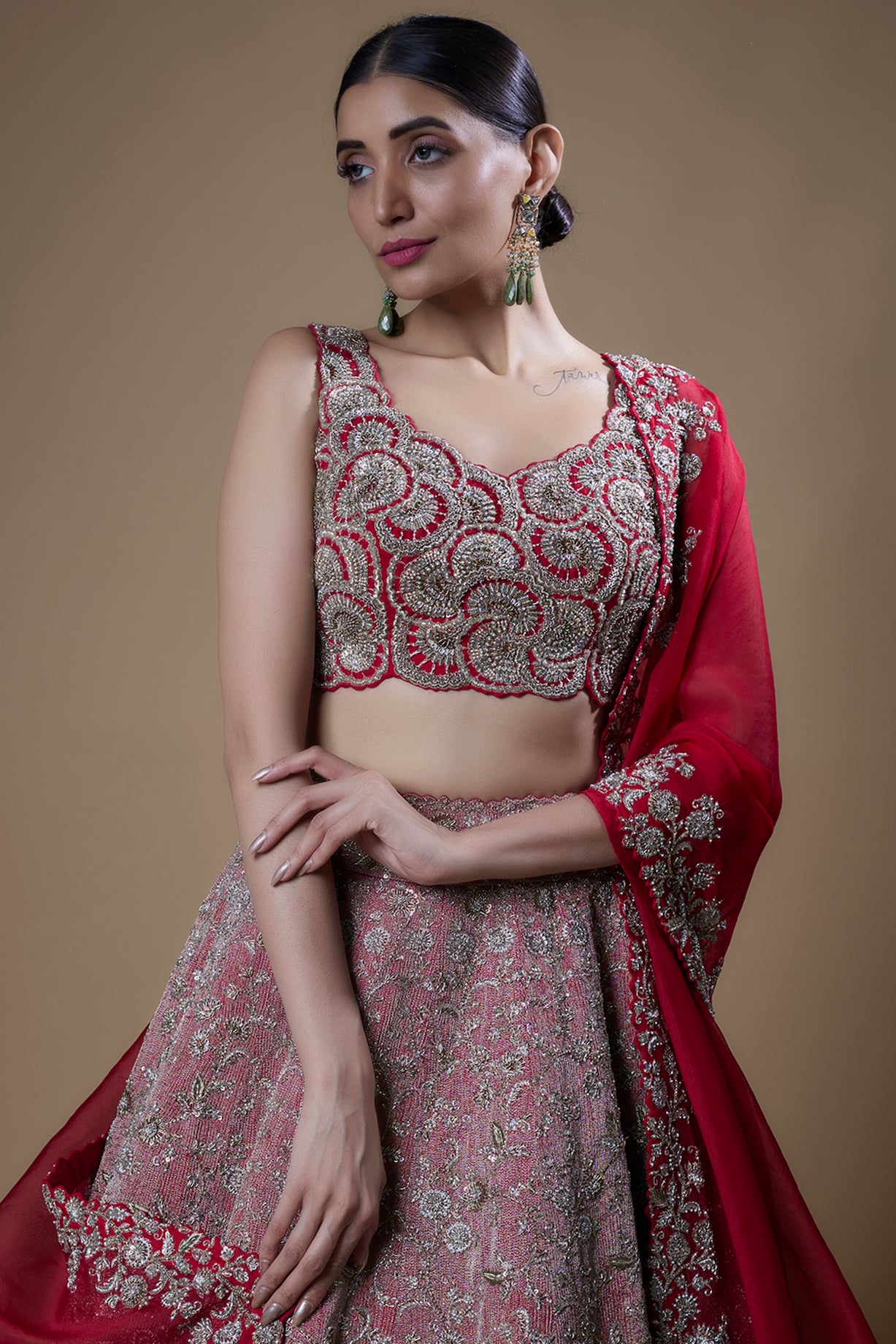 Red Raw Silk Embroidered Bridal Lehenga Set by Mrunalini Rao at Pernia ...