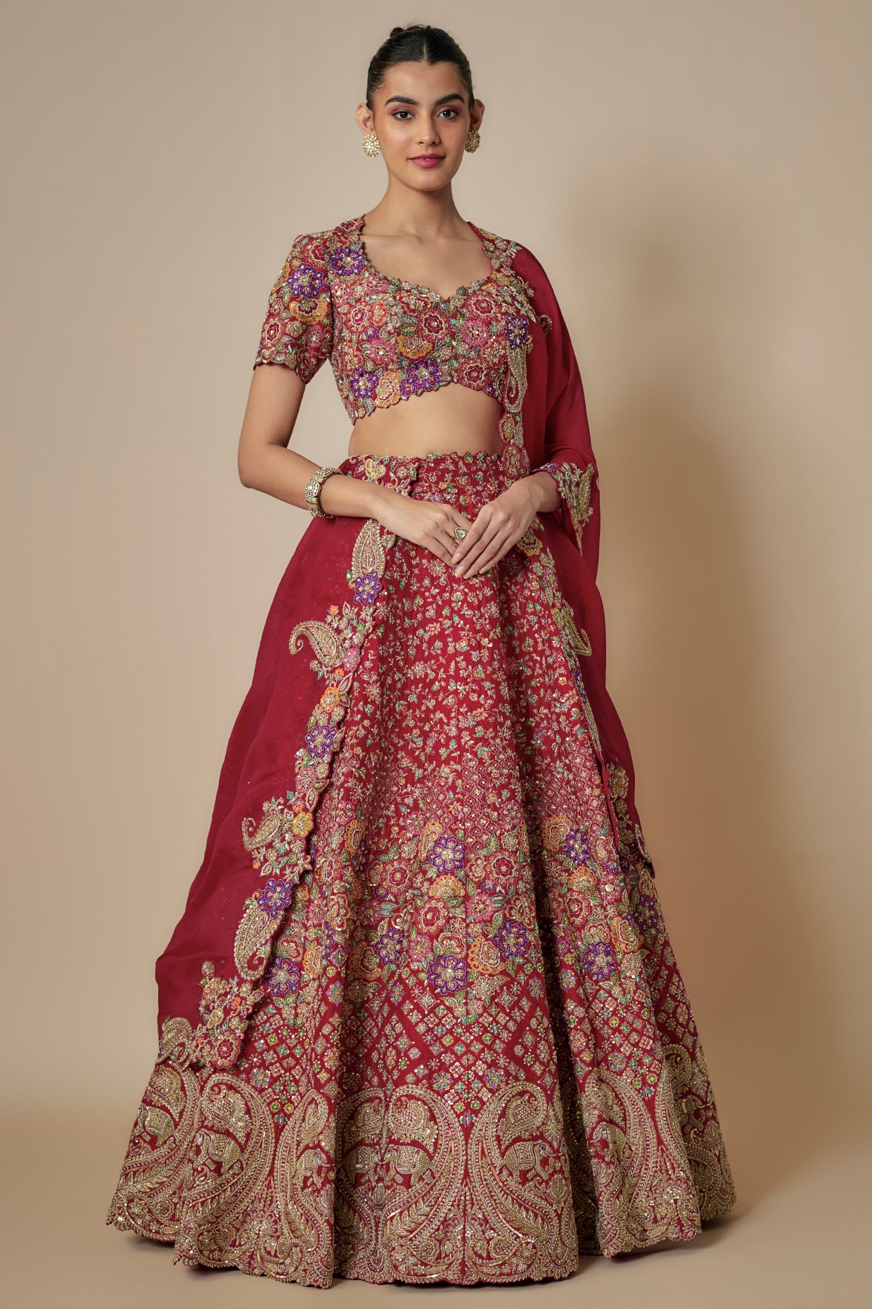 Red Raw Silk Floral Motif Embroidered Handcrafted Bridal Lehenga Set by ...
