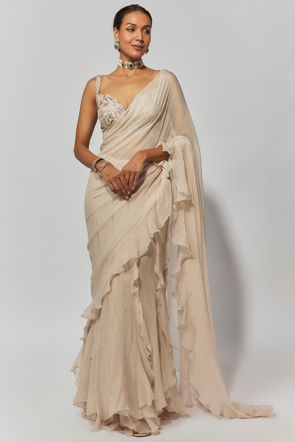 Ivory Chiffon Ruffled Saree Set by Mrunalini Rao at Pernia's Pop Up ...