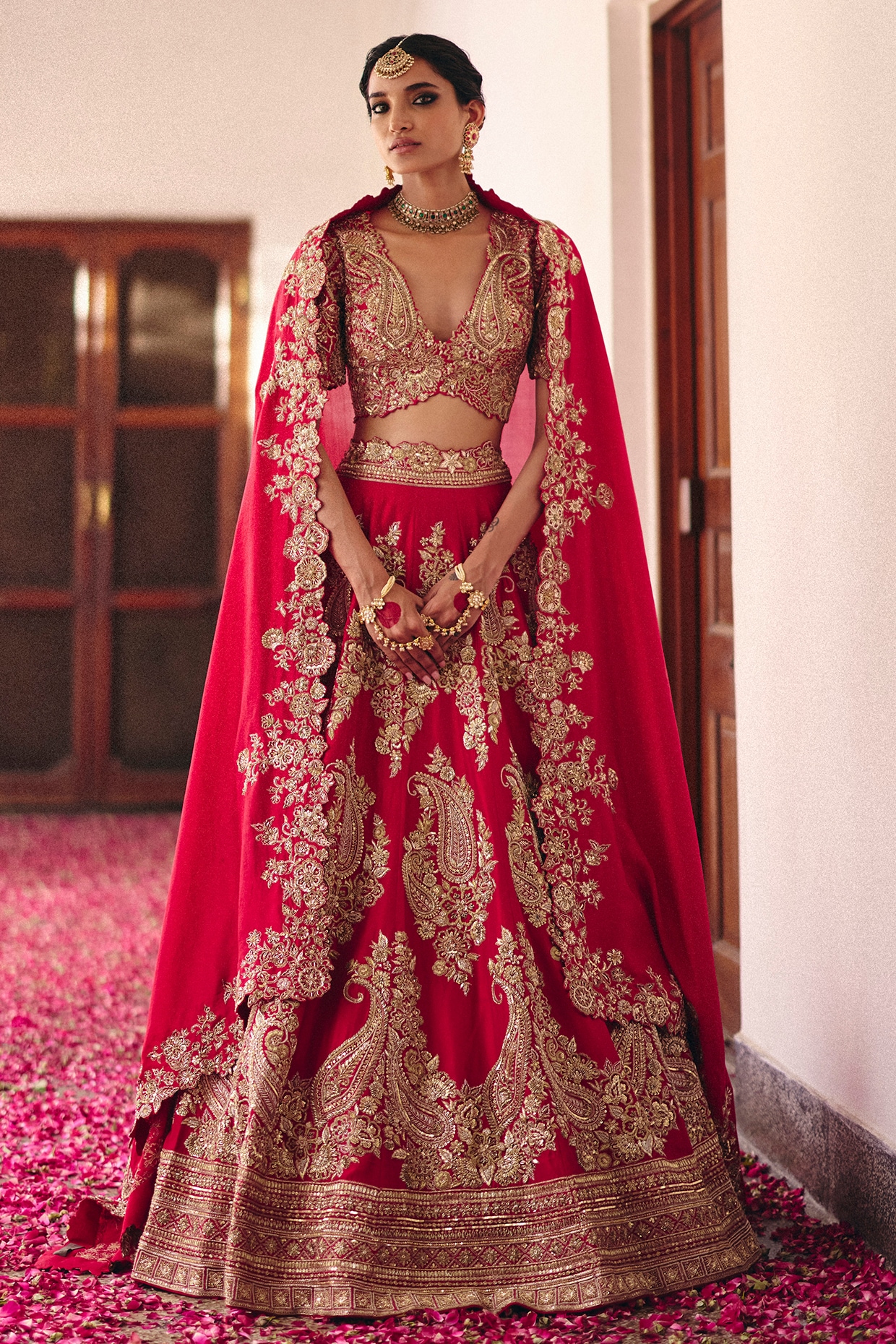 Red Pure Silk Zardosi Hand Embroidered Bridal Lehenga Set by Mrunalini ...