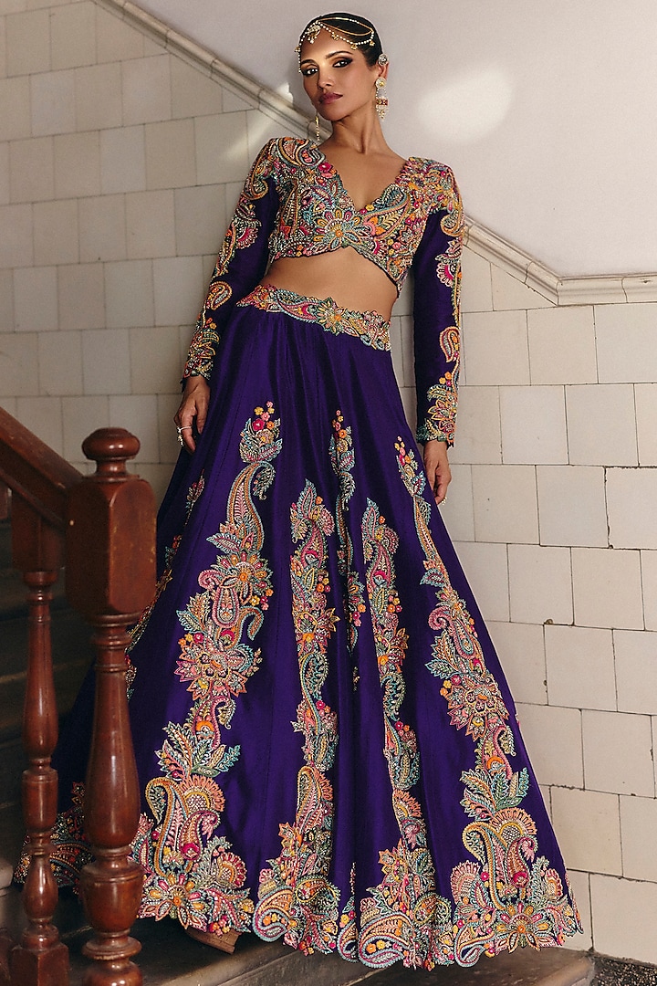 Purple Pure Silk Resham & Zardosi Hand Embroidered Bridal Lehenga Set ...
