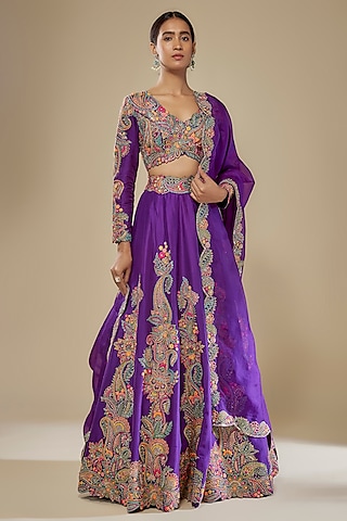 Purple Pure Silk Zardosi & Pearl Hand Embroidered Bridal Lehenga Set by ...