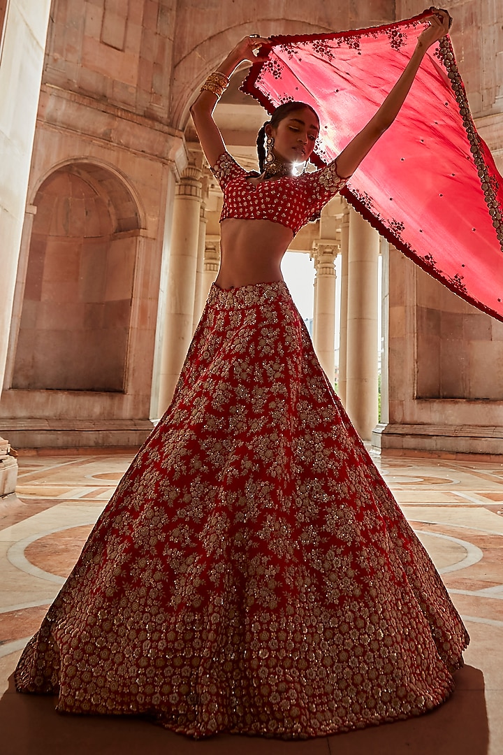 Red Zardosi Embroidered Bridal Lehenga Set by Mrunalini Rao at Pernia's ...