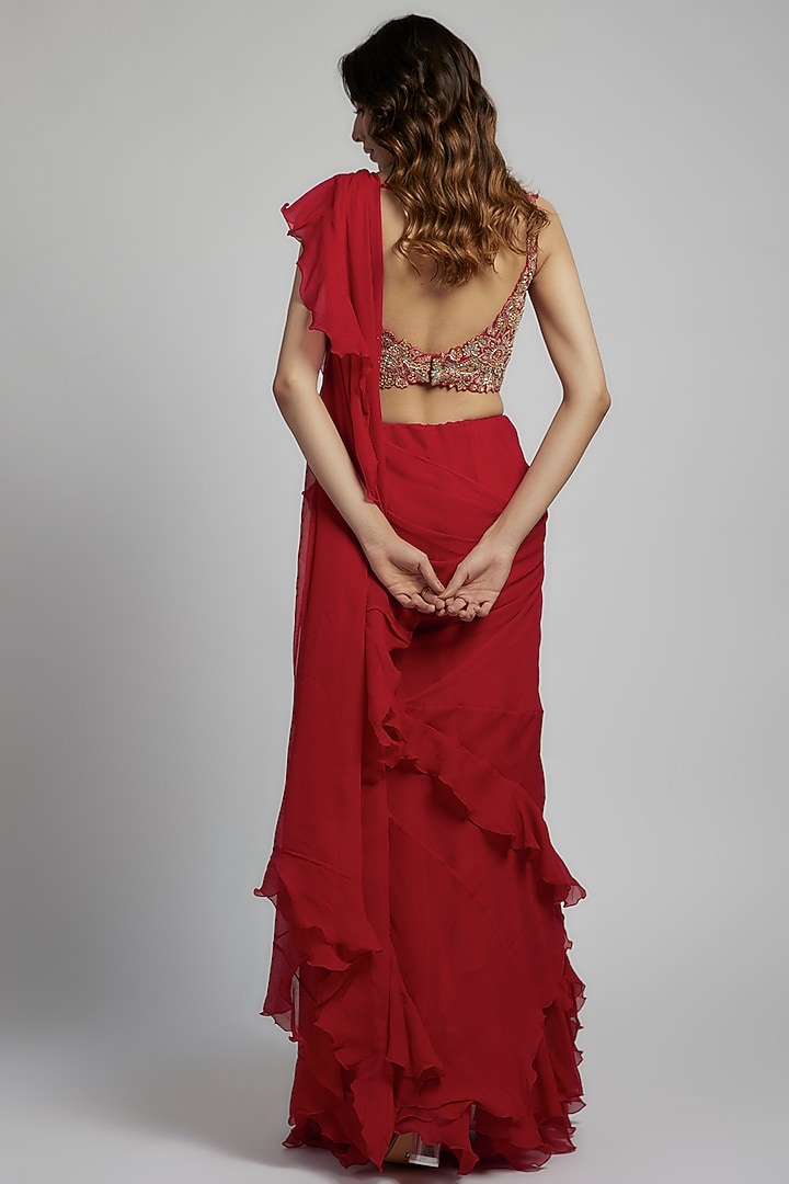 Hot Pink Chiffon Ruffled Saree Set Design by Mrunalini Rao at Pernia's ...