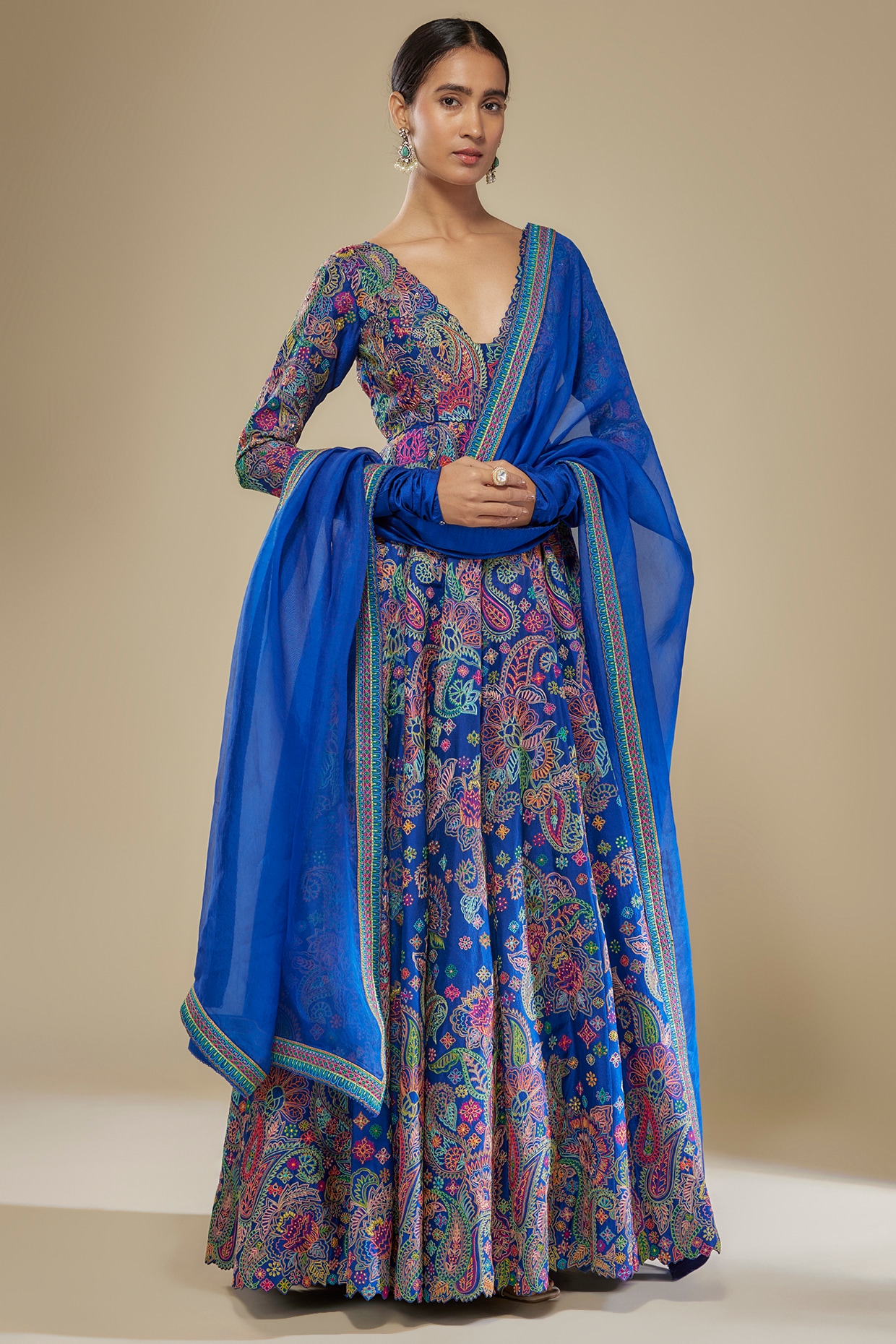 Royal Blue Pure Silk Resham Embroidered Kalidar Anarkali Set by ...