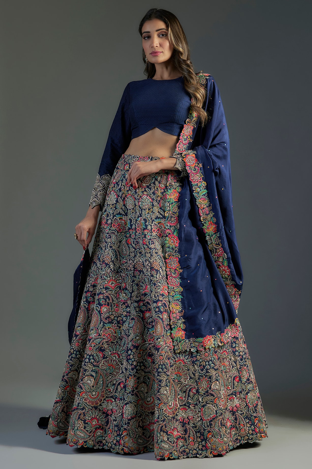 Dark Blue Silk Resham & Zardosi Hand Embroidered Bridal Lehenga Set by ...