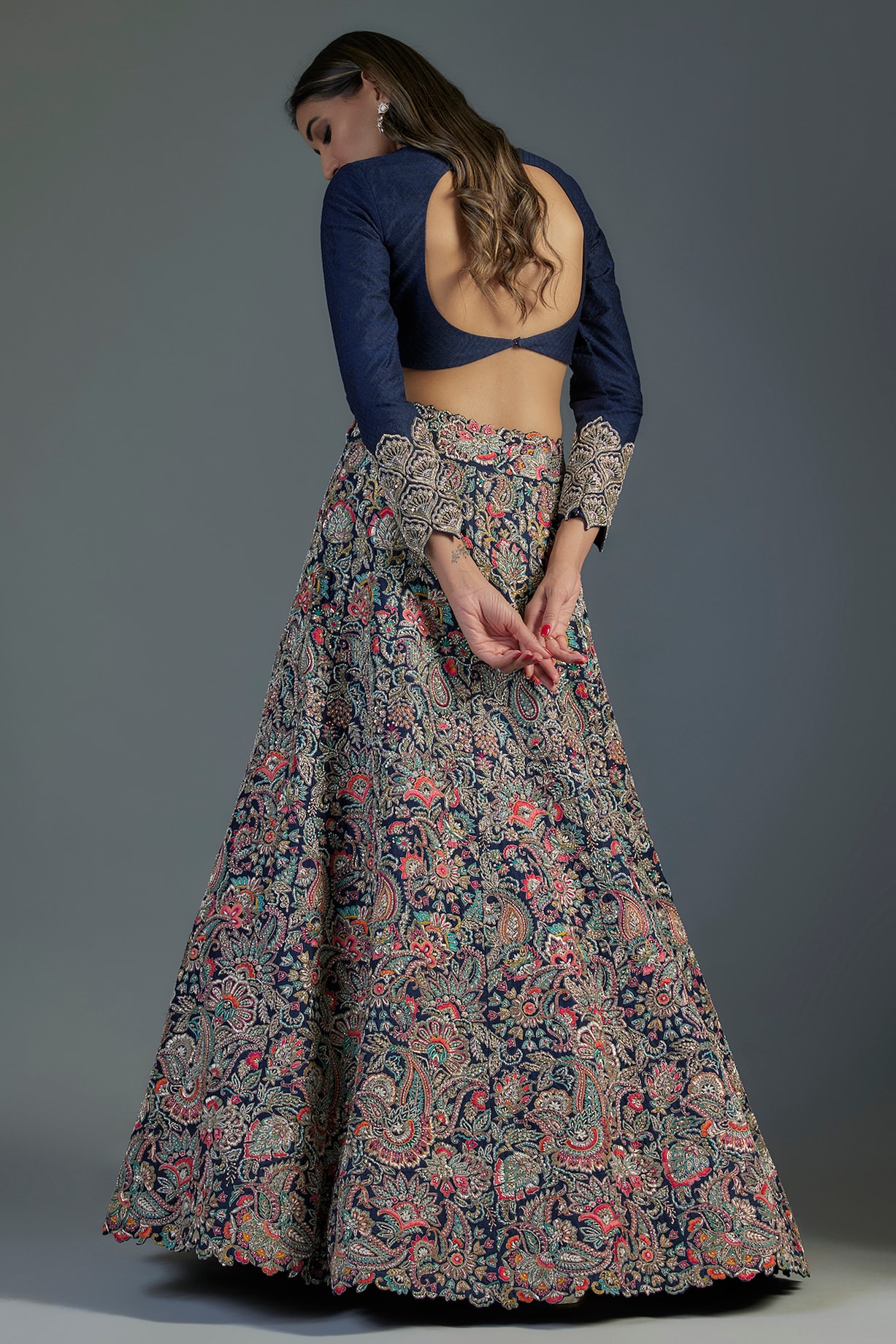 Dark Blue Silk Resham & Zardosi Hand Embroidered Bridal Lehenga Set by ...