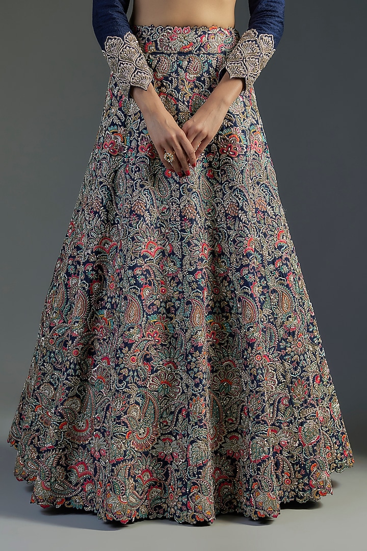Dark Blue Silk Resham & Zardosi Hand Embroidered Bridal Lehenga Set by ...