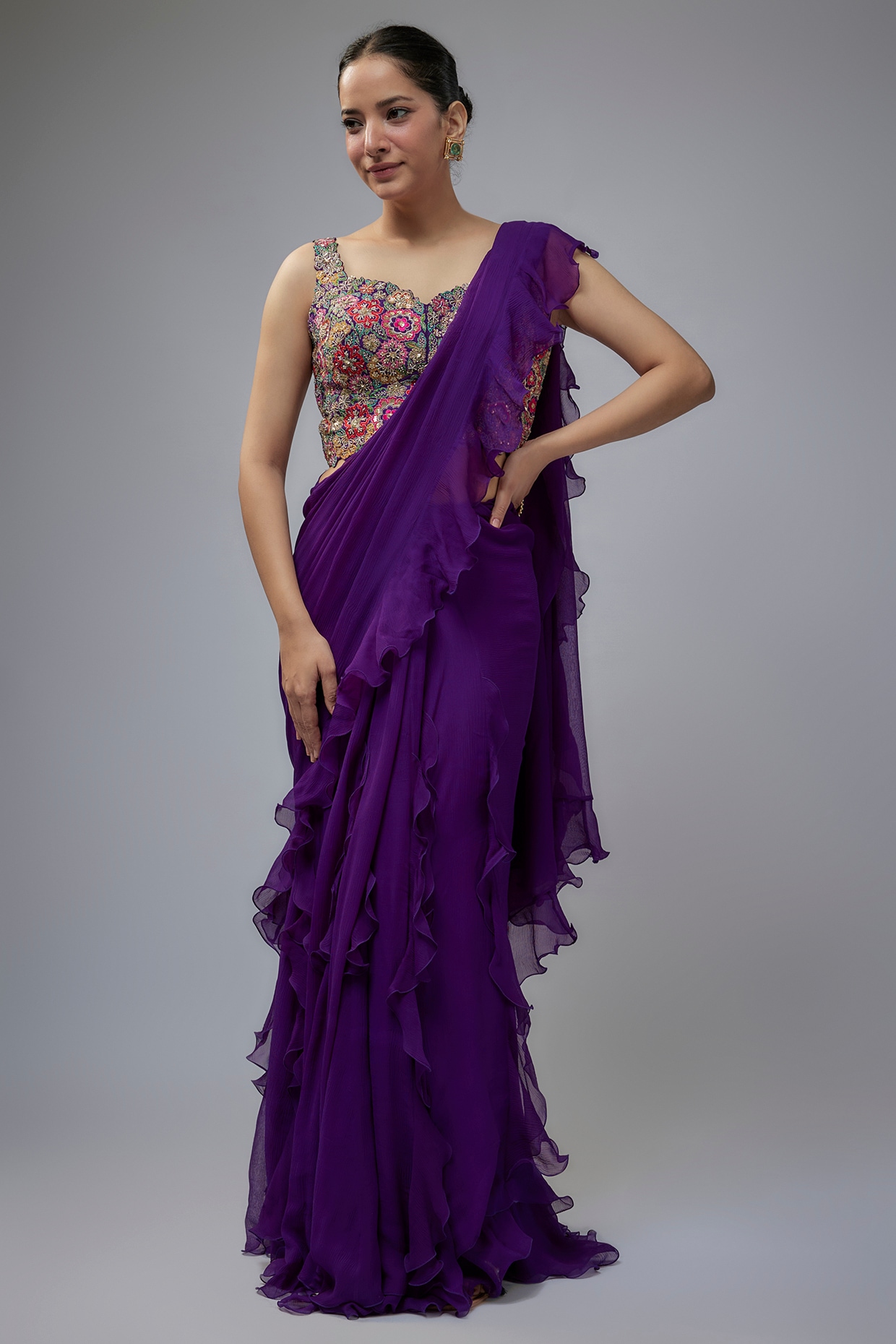 Purple Chiffon Ruffled Saree Set by Mrunalini Rao at Pernia's Pop Up ...