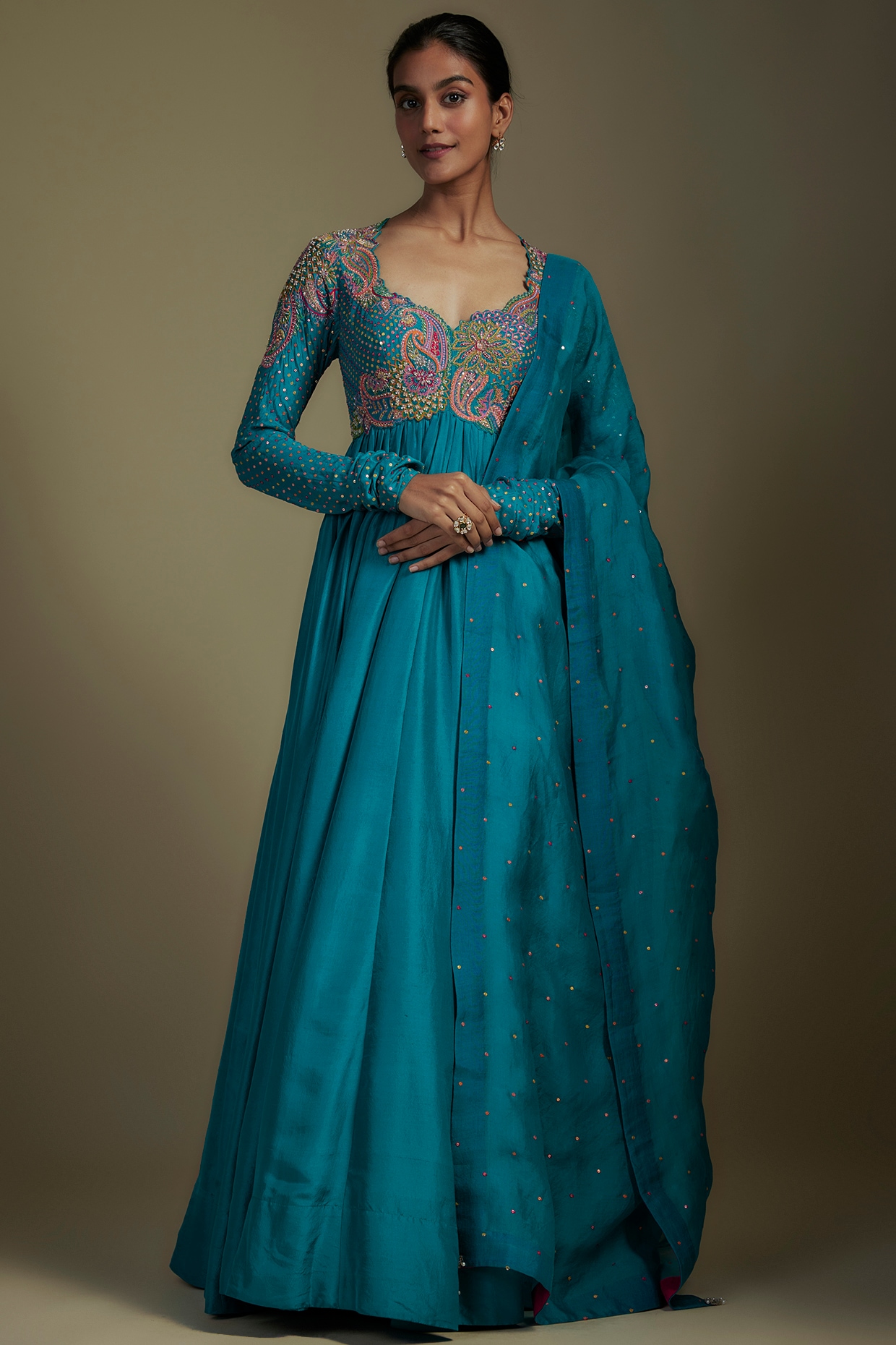 Ananda Blue Pure Silk Resham Embroidered Anarkali Set by Mrunalini Rao ...