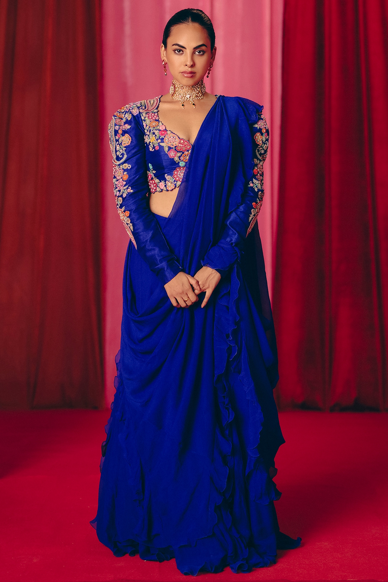 Royal Blue Chiffon Ruffled Saree Set by Mrunalini Rao at Pernia's Pop ...