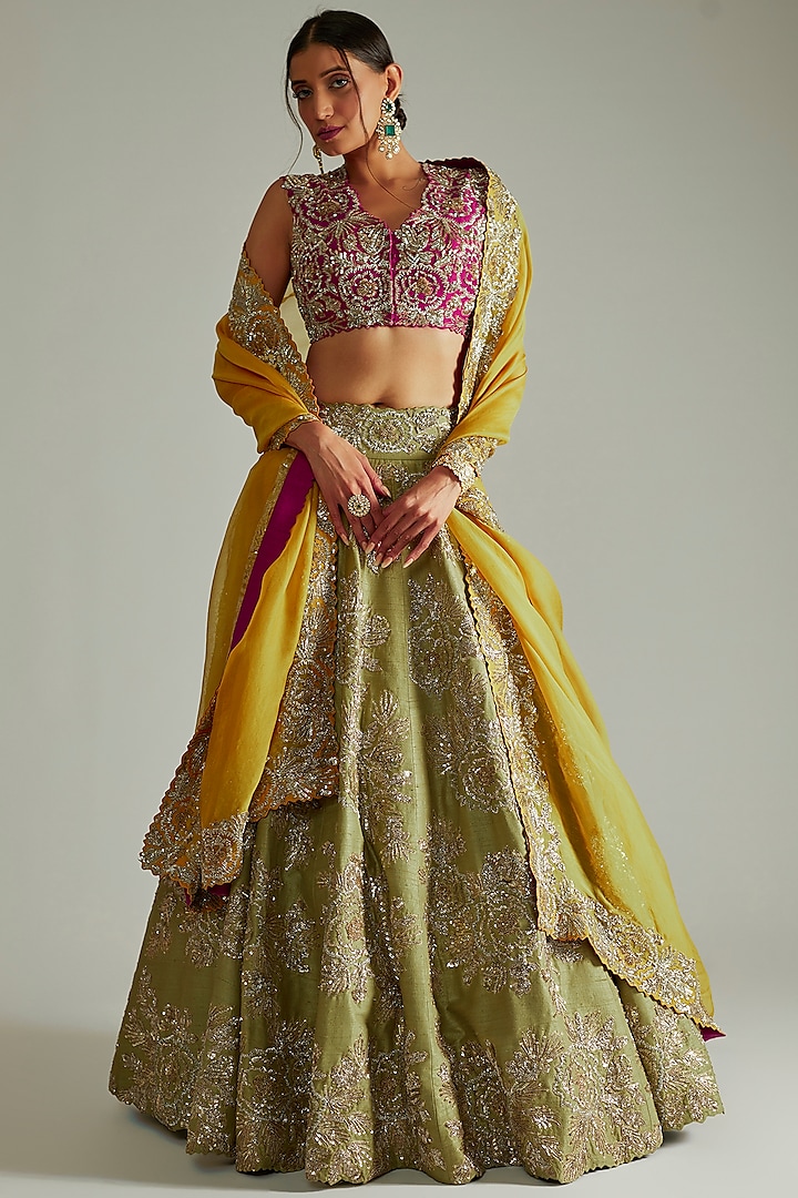 Light Mehendi Green Embroidered Bridal Lehenga Set by Mrunalini Rao at ...