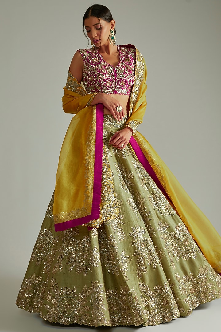 Light Mehendi Green Embroidered Bridal Lehenga Set by Mrunalini Rao at ...