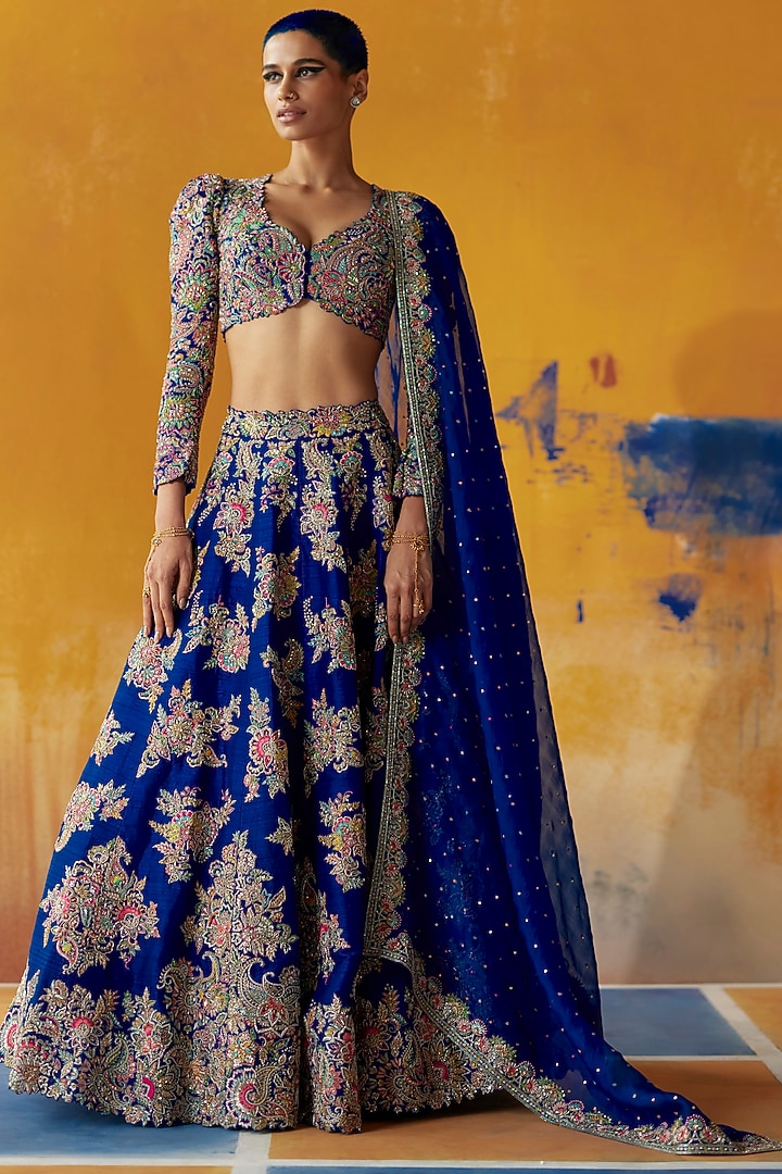 Royal Blue Raw Silk Resham & Zardosi Embroidered Bridal Lehenga Set by ...