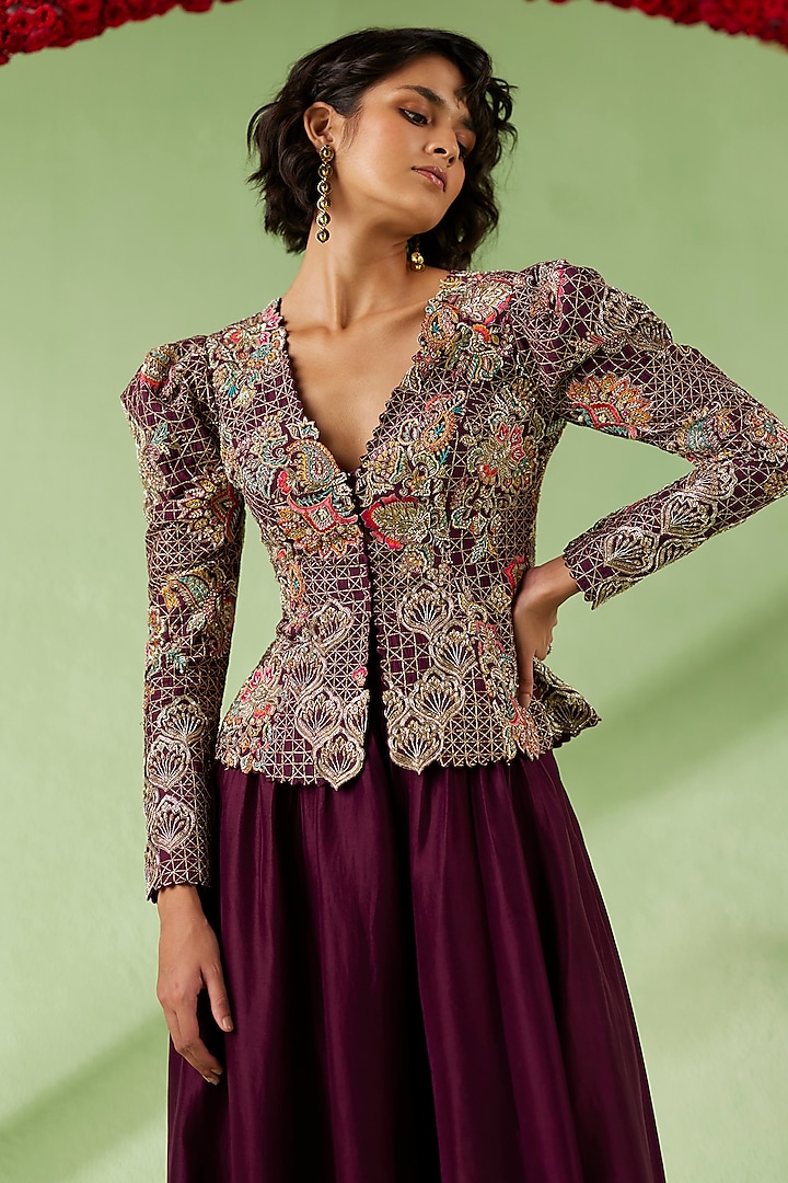 Burgundy Raw Silk Zardosi Embroidered Jacket Set by Mrunalini Rao at ...