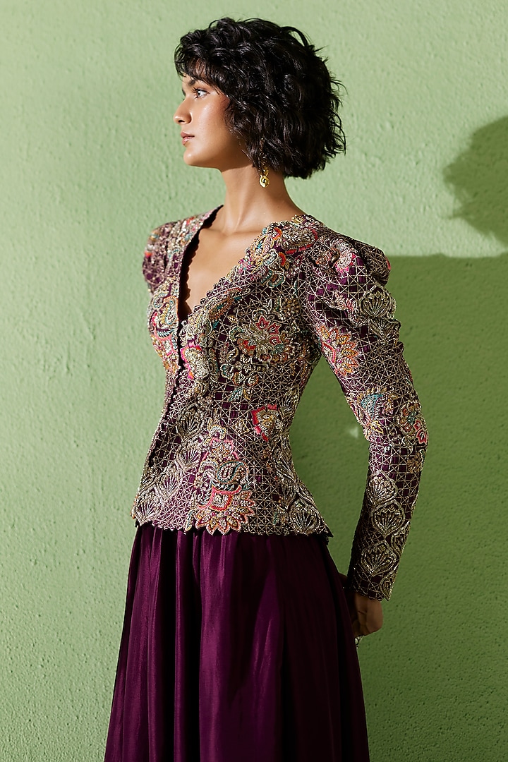 Burgundy Raw Silk Zardosi Embroidered Jacket Set by Mrunalini Rao at ...