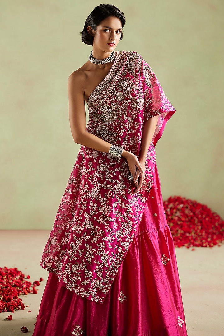 Hot Pink Kora Silk Hand Embroidered Lehenga Set Design by Mrunalini Rao ...
